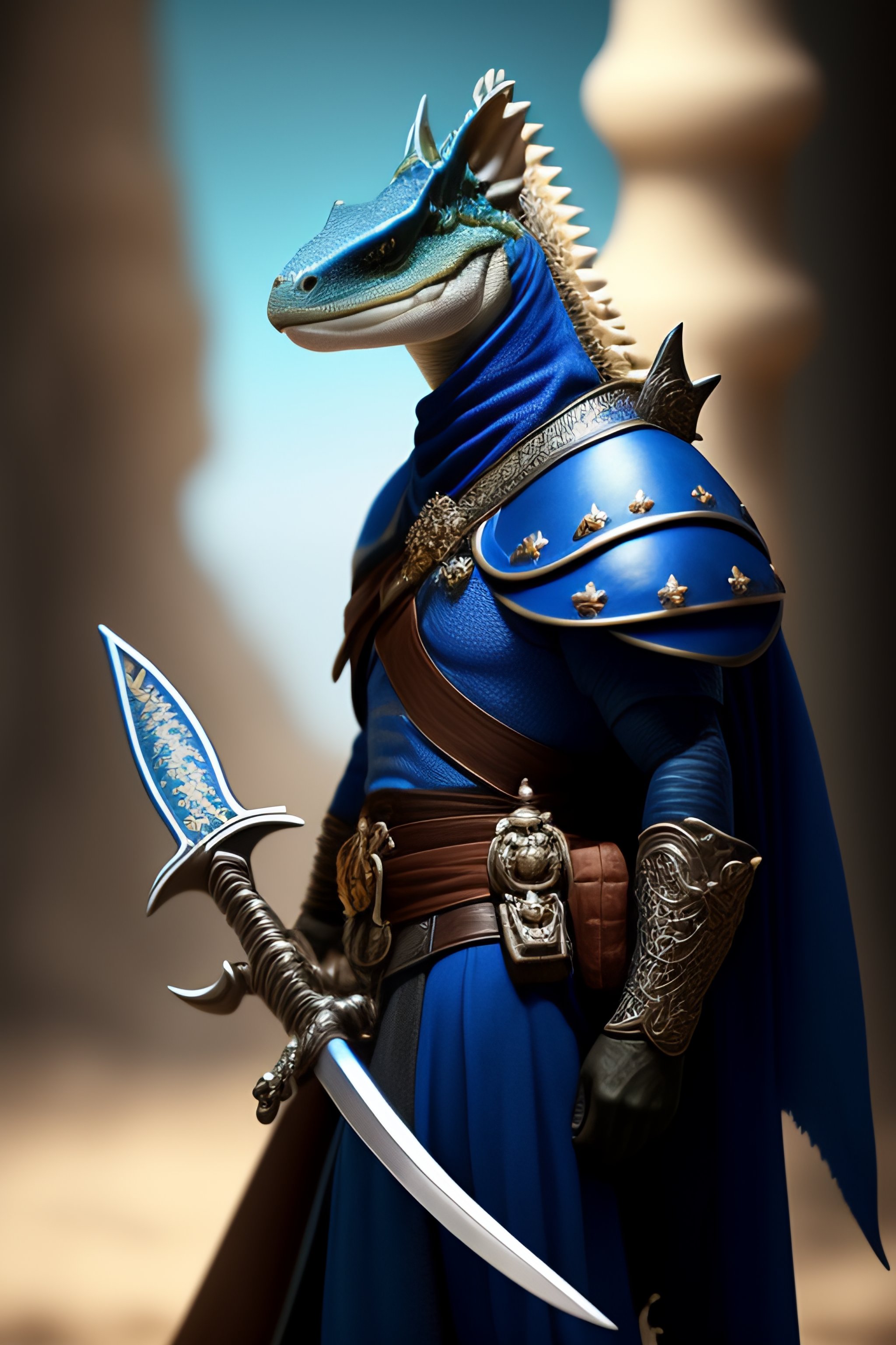 Lexica - Lizardfolk ranger, gray skin with blue undertone, with a sword ...