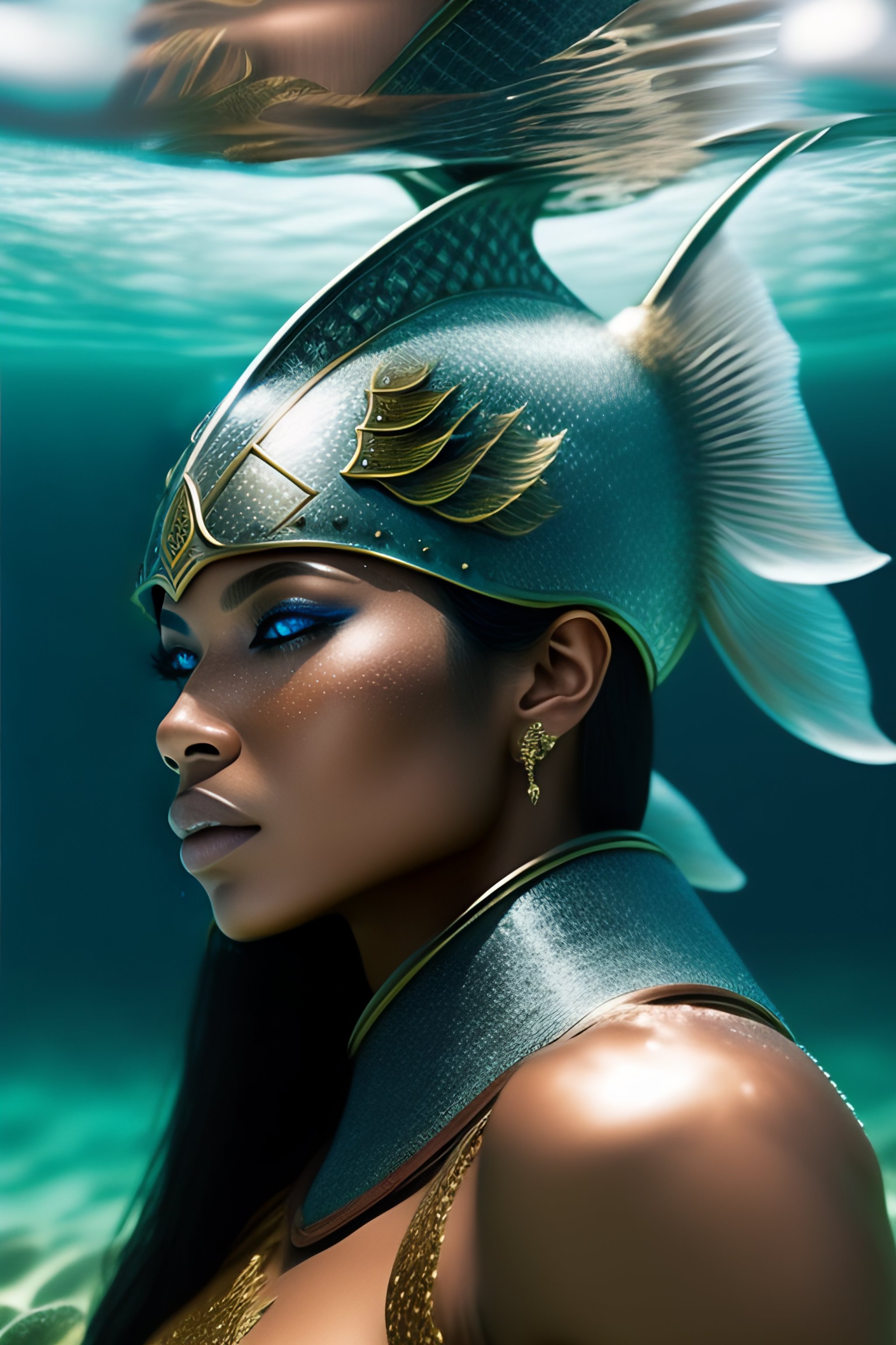 Lexica - Male armor god arrows water mermaids fish underwater