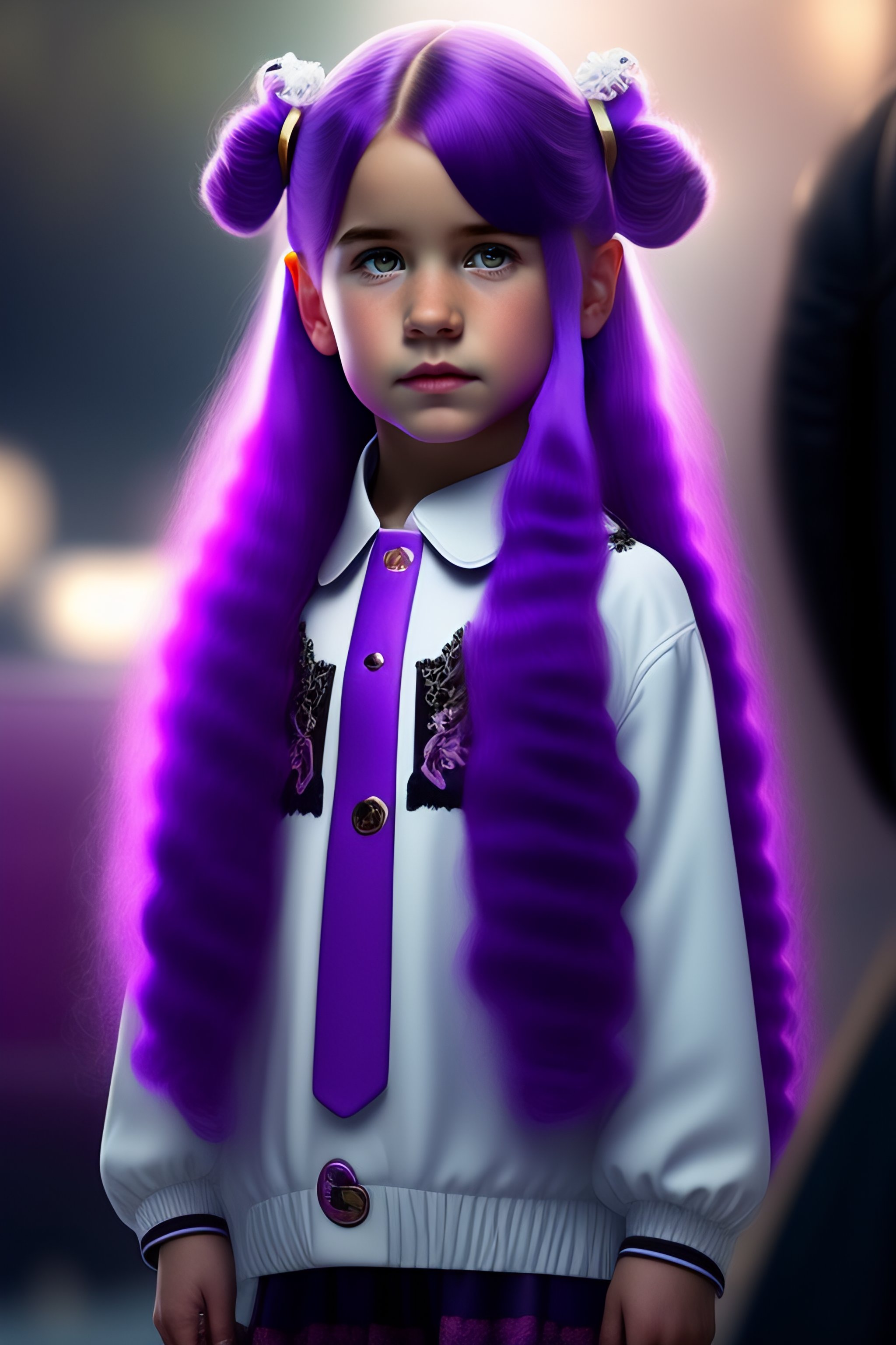 Lexica - Girl of short stature, long lilac hair, collected in two ...