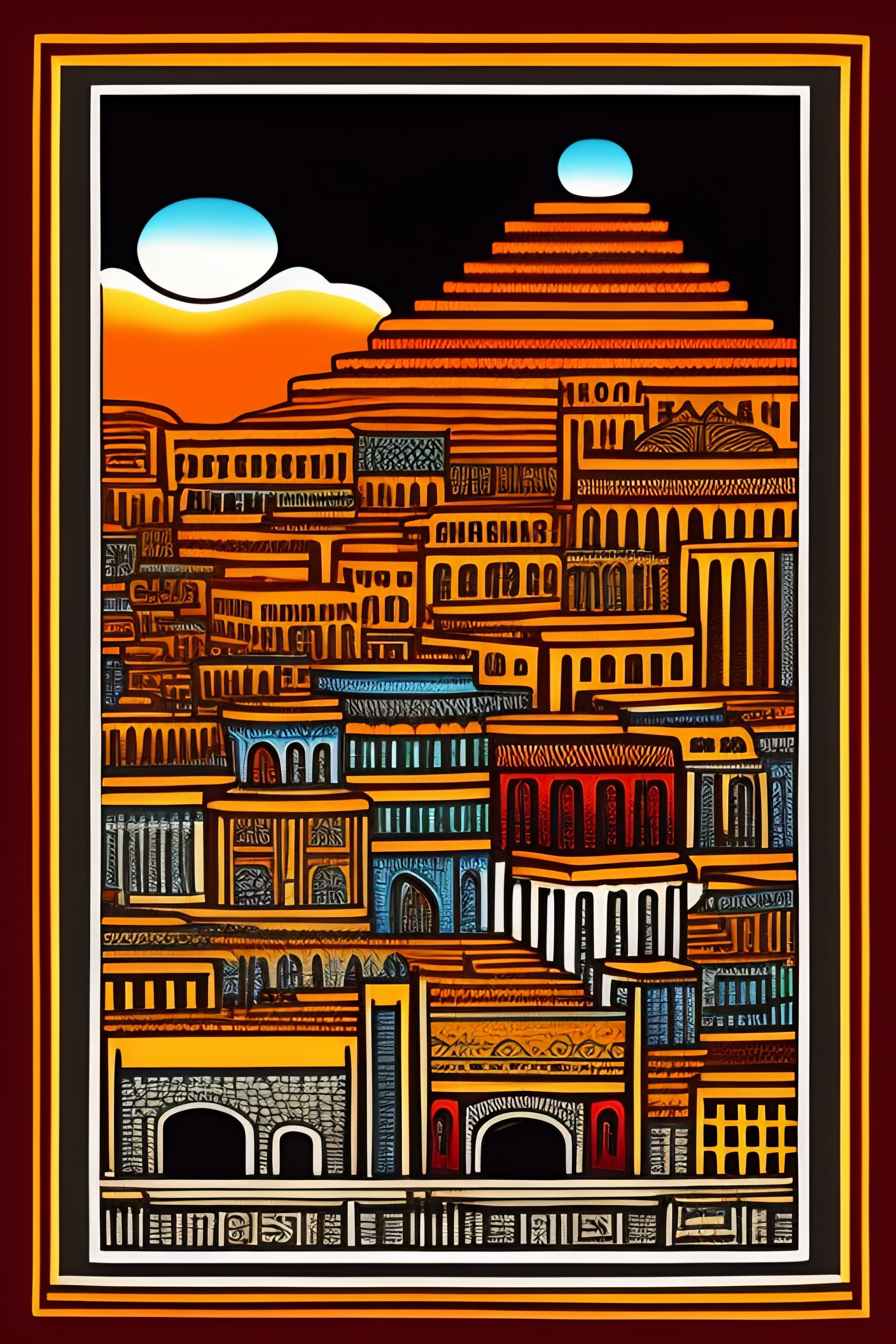 Lexica - Graphic stylized drawing of aztec city in 4 colors