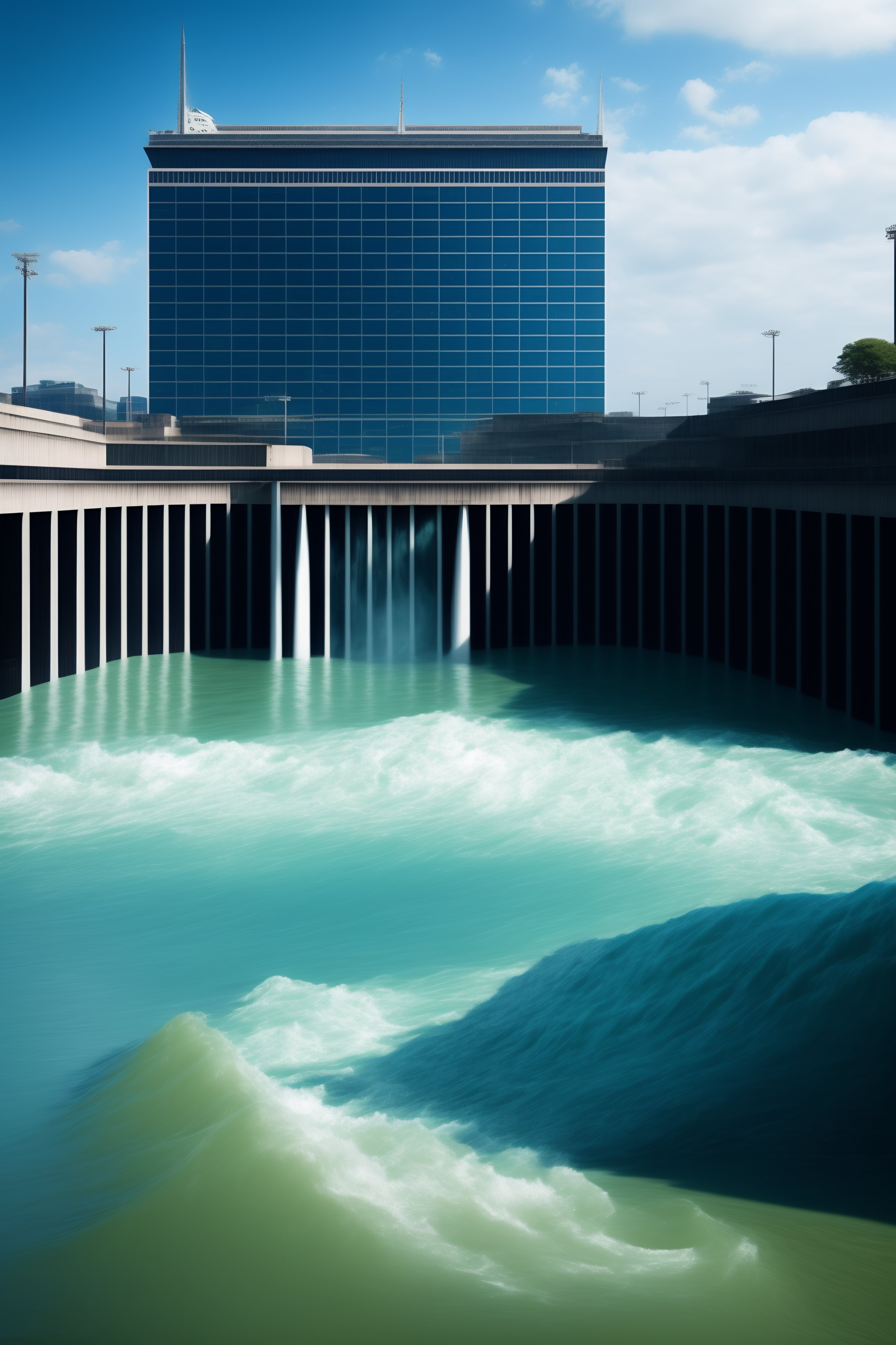 Lexica - Dam cracked, massive blue water flooding, flooded office ...