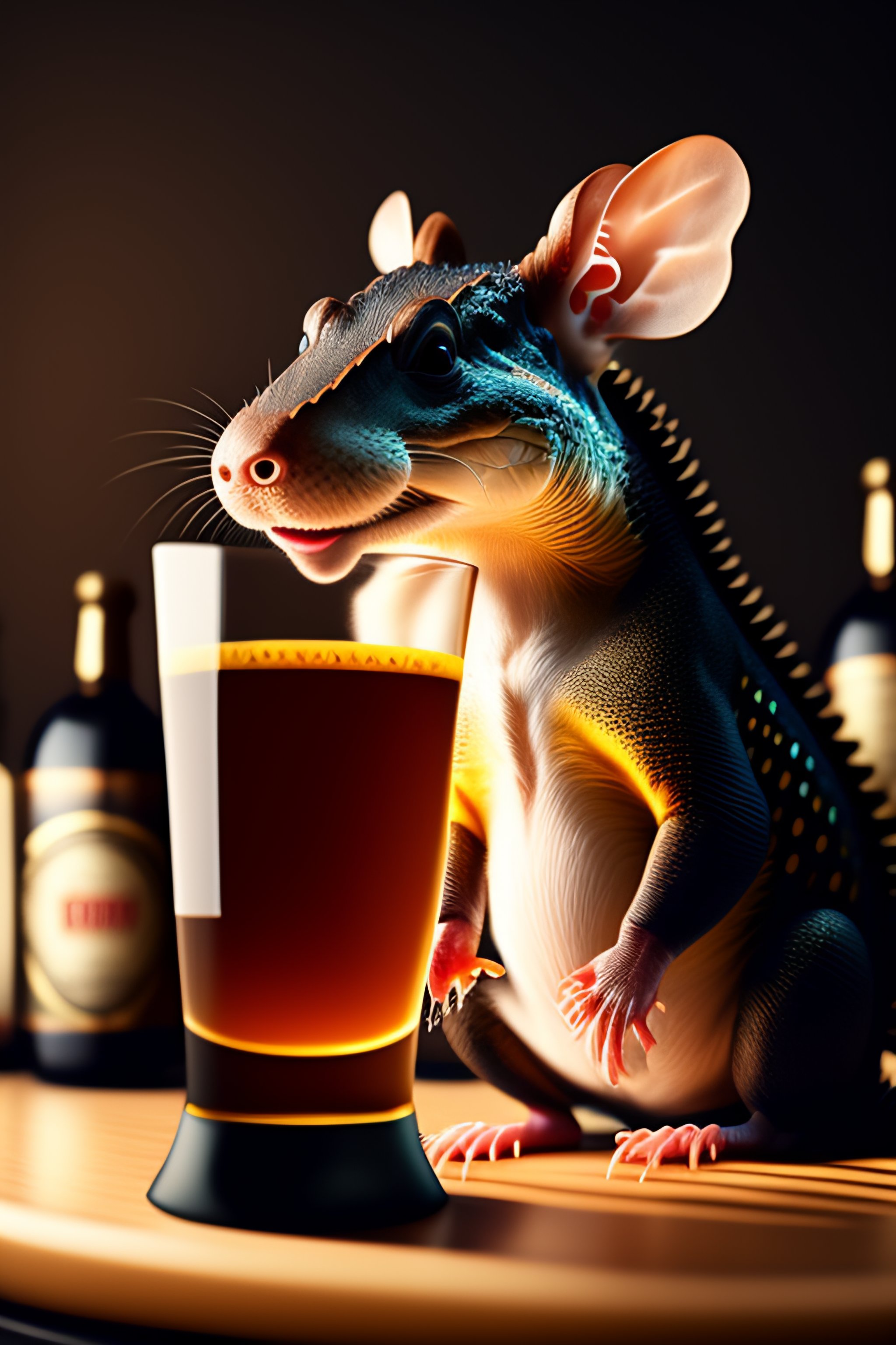 Lexica - An alligator hybrid bartending rat serving cocktails
