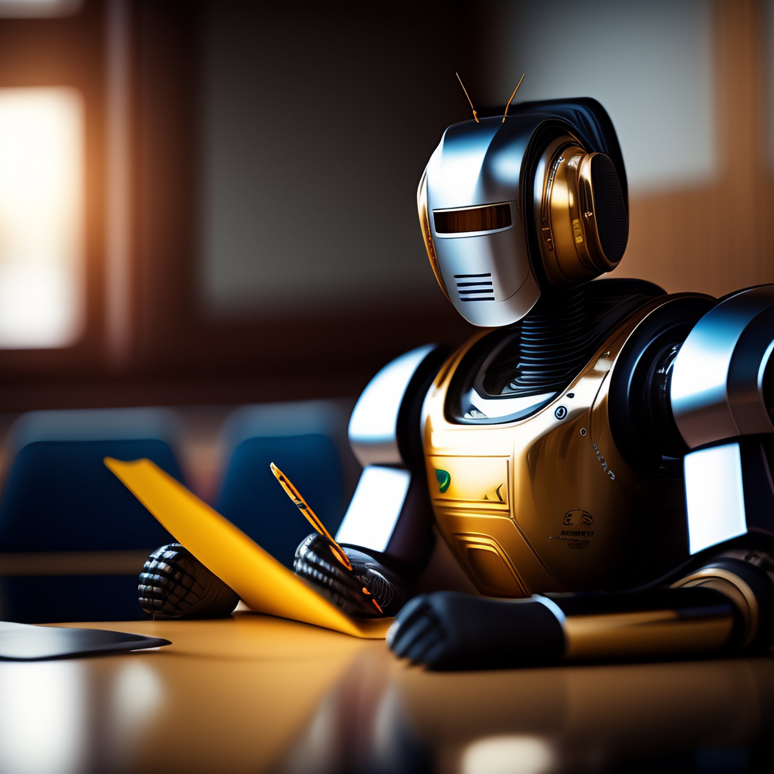 Lexica - HD 8k potrait of robot studying in a classroom, writing with ...