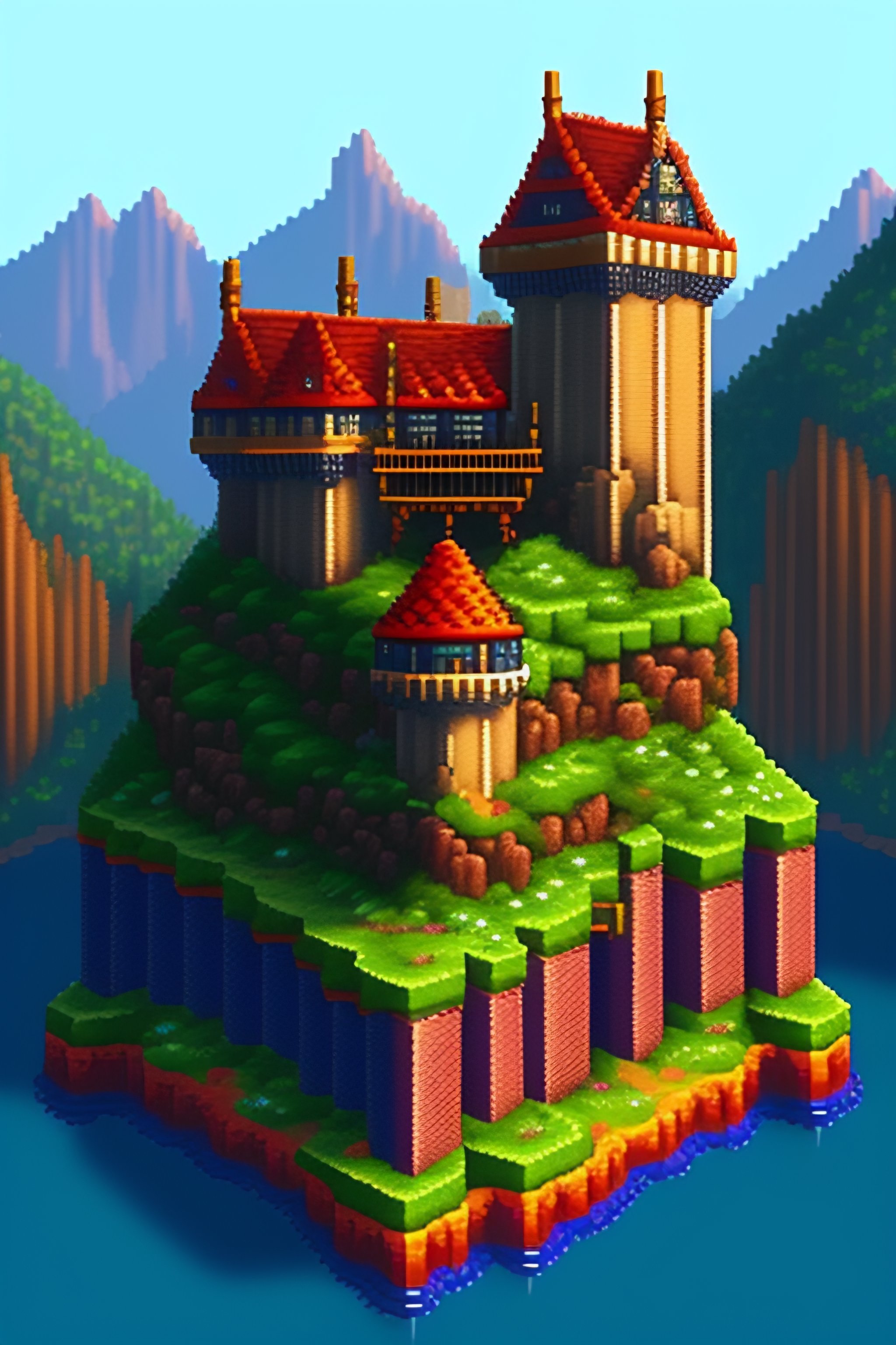 Lexica - A forbidden castle high up in the mountains, pixel art