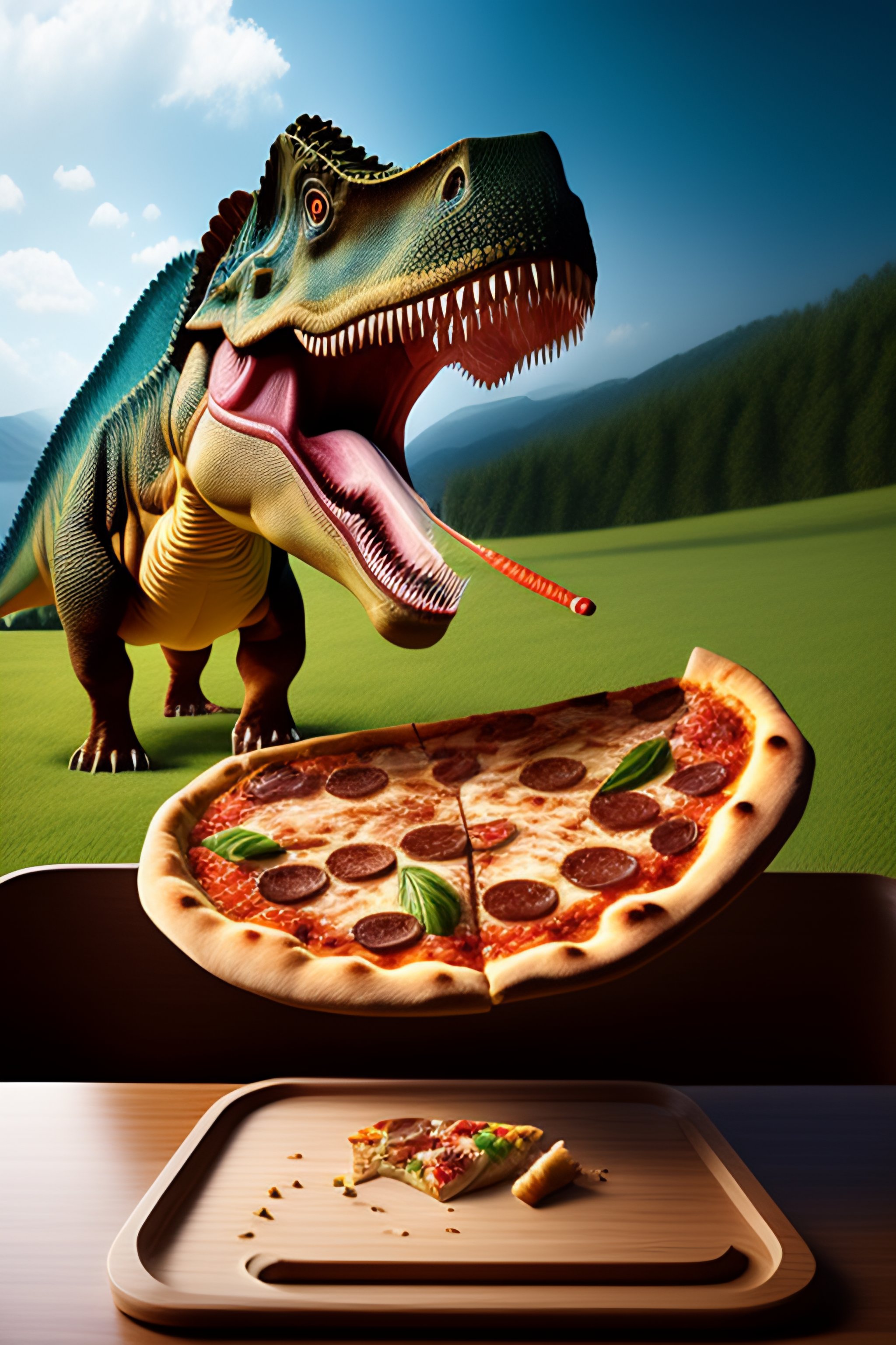 Lexica - Dinosaur eating pizza