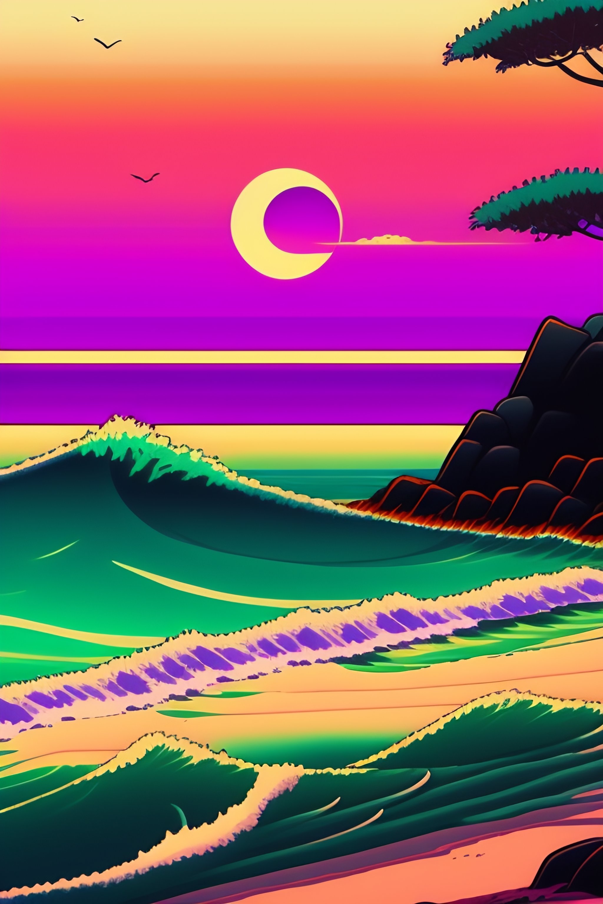 Lexica - Cartoon japanese midnight beach with vhs effect