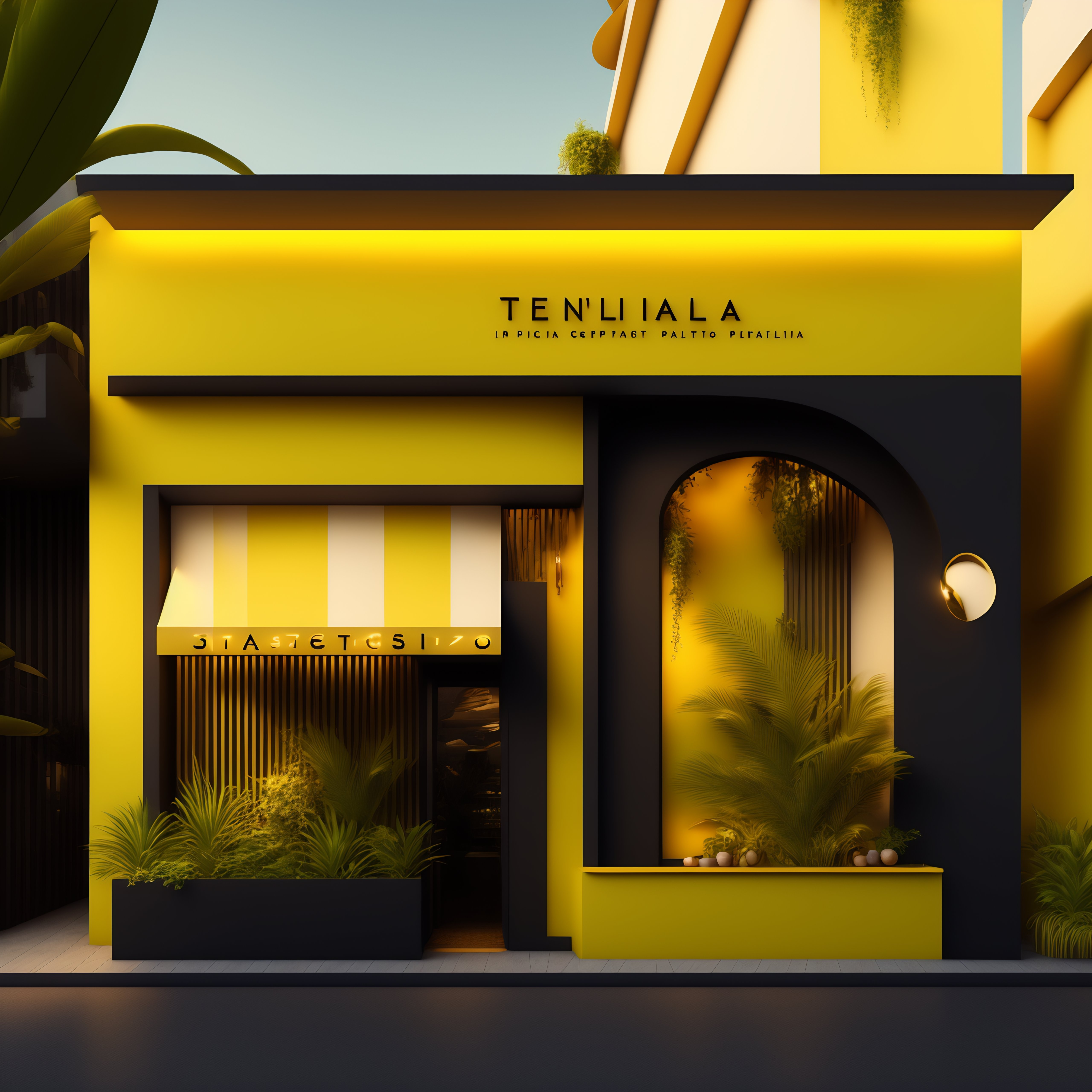 Lexica - A yellow gelato shop facade with tropical plants, minimalist ...