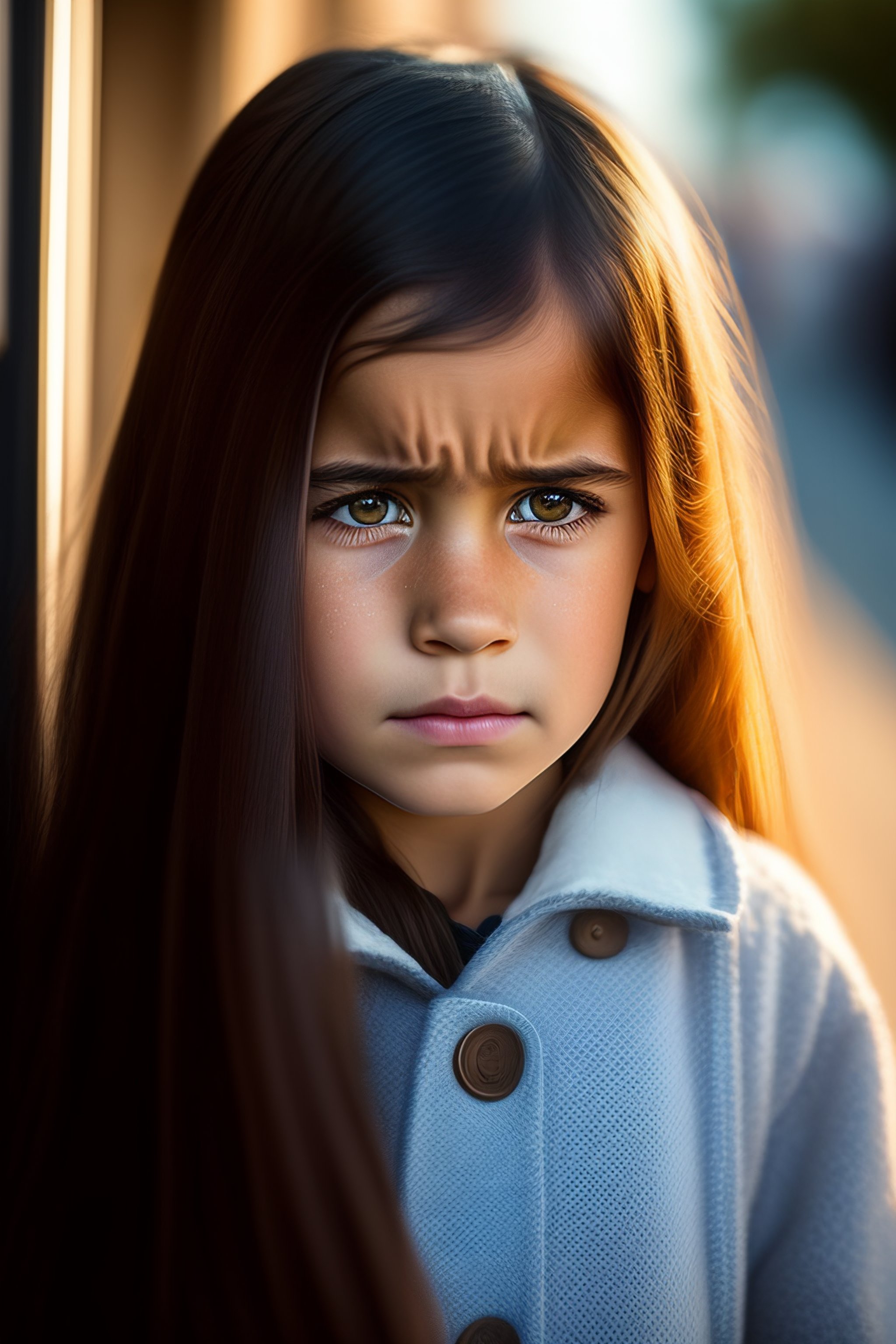 Lexica - Orphan girl crying on outside steps. Long straight hair.