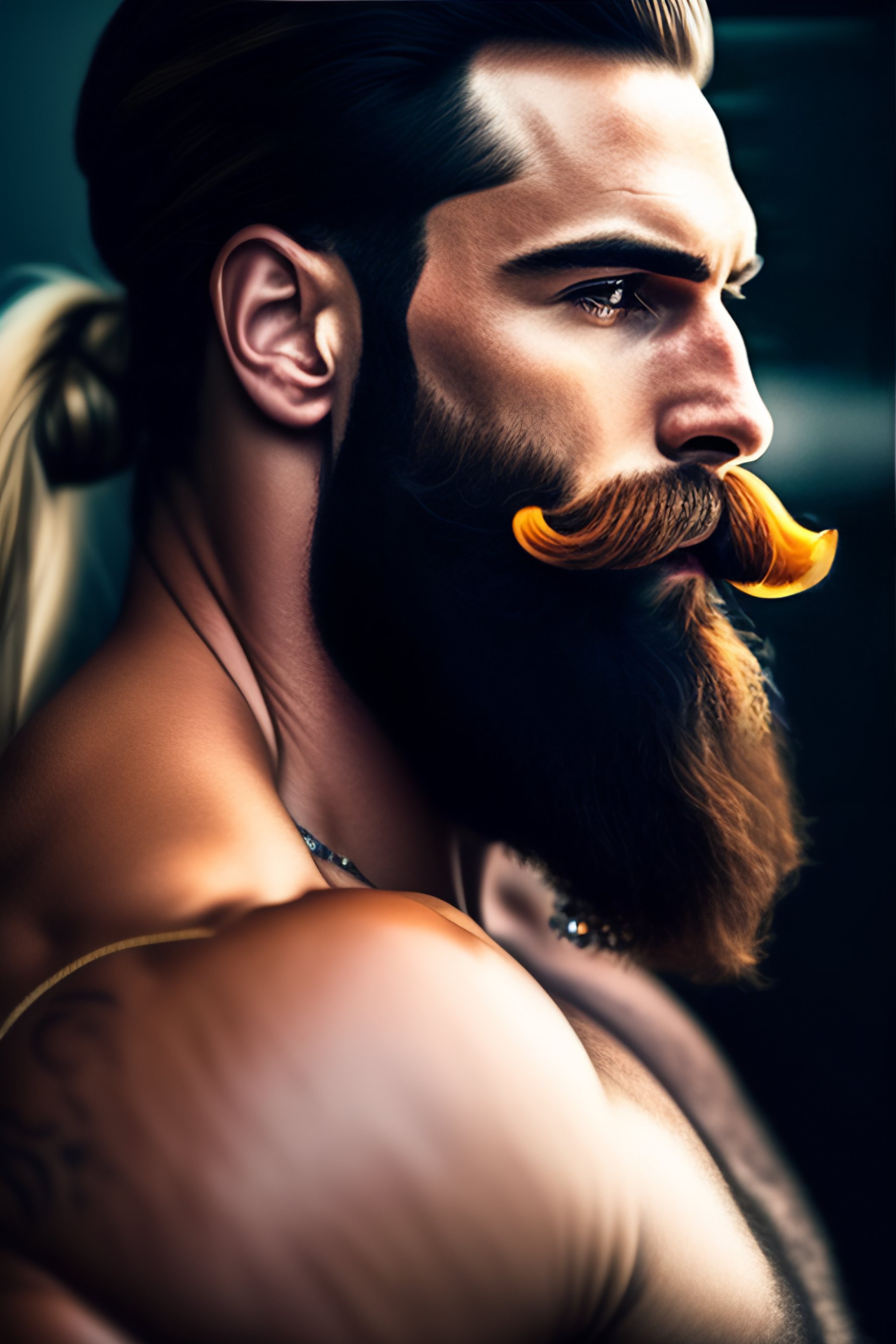 Lexica - Hairy muscle model handlebar mustache long beard hunk