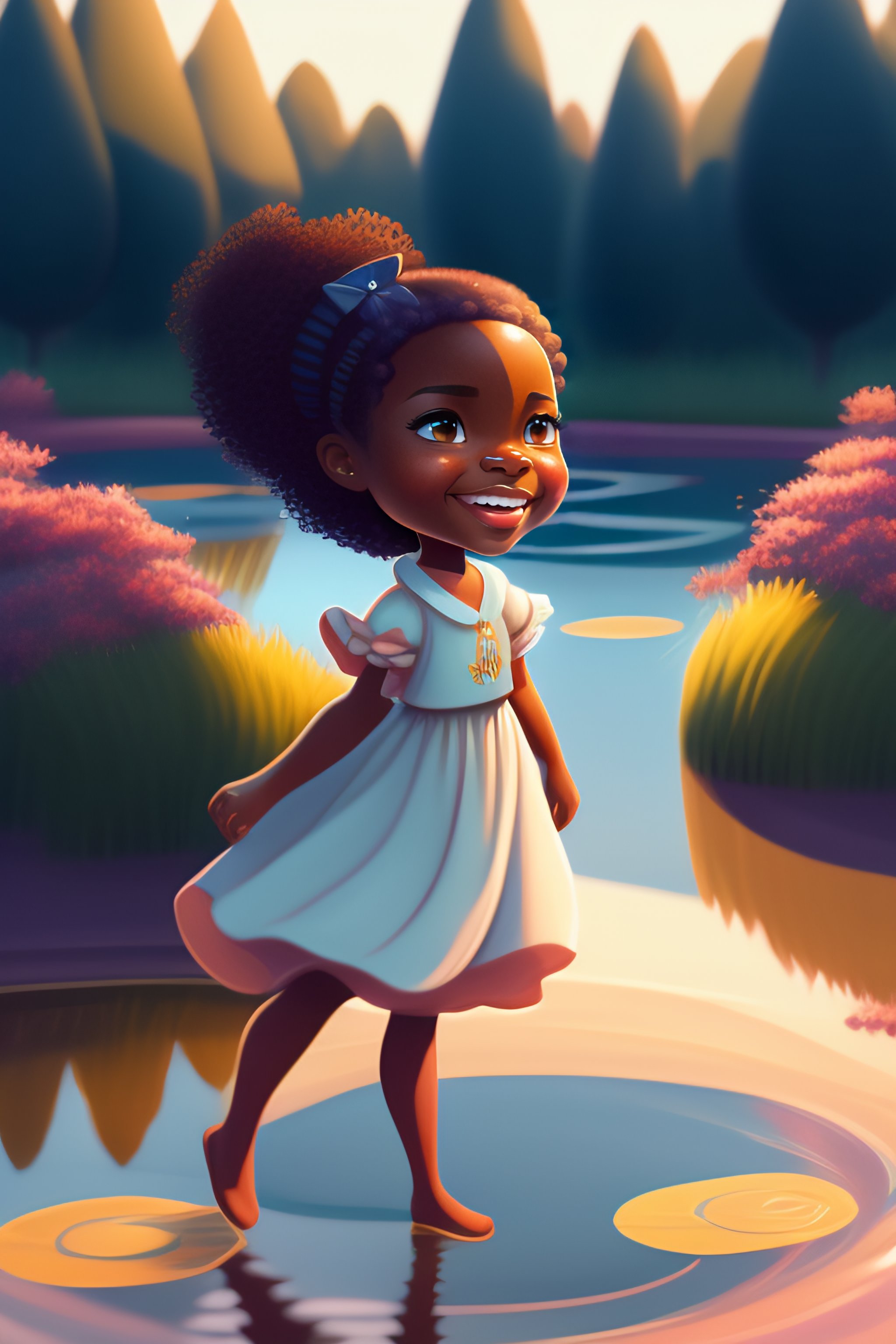 Lexica - View of gorgeous pond with same happy black girl no glasses ...