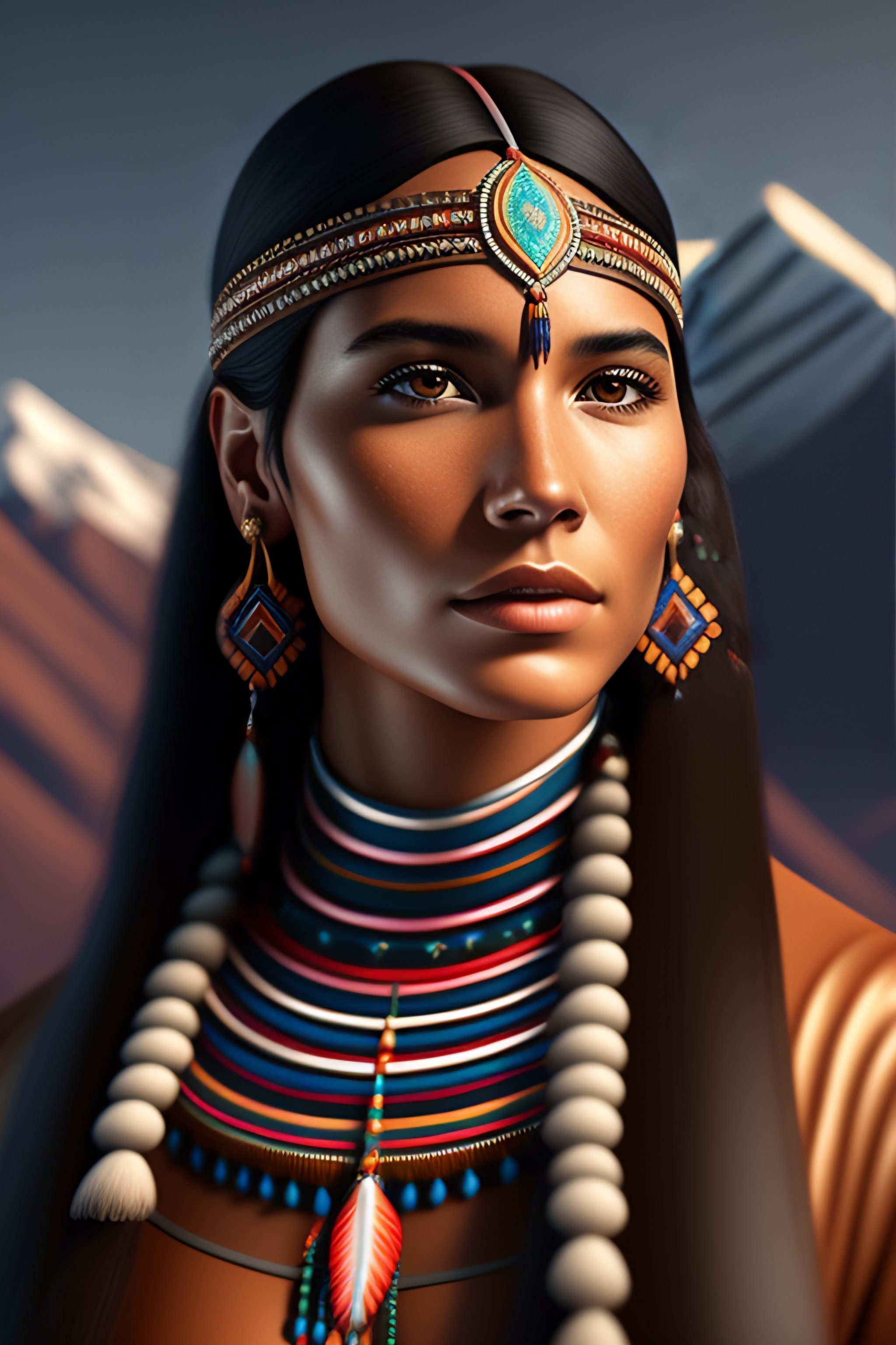 Lexica - Native american young female portrait in 3d digital art with ...
