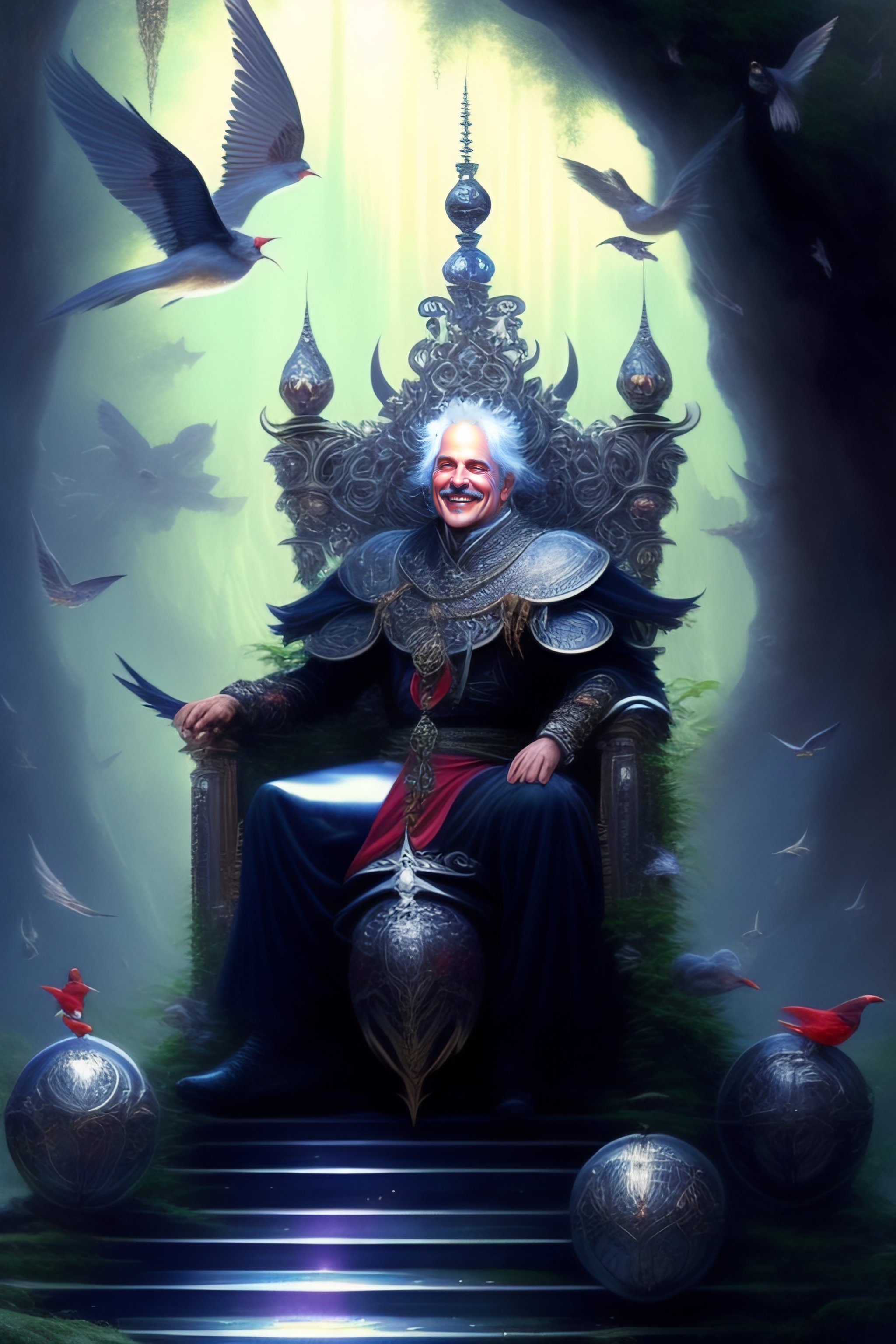 Lexica - An old funny smiling jester with birds around him, sitting on ...