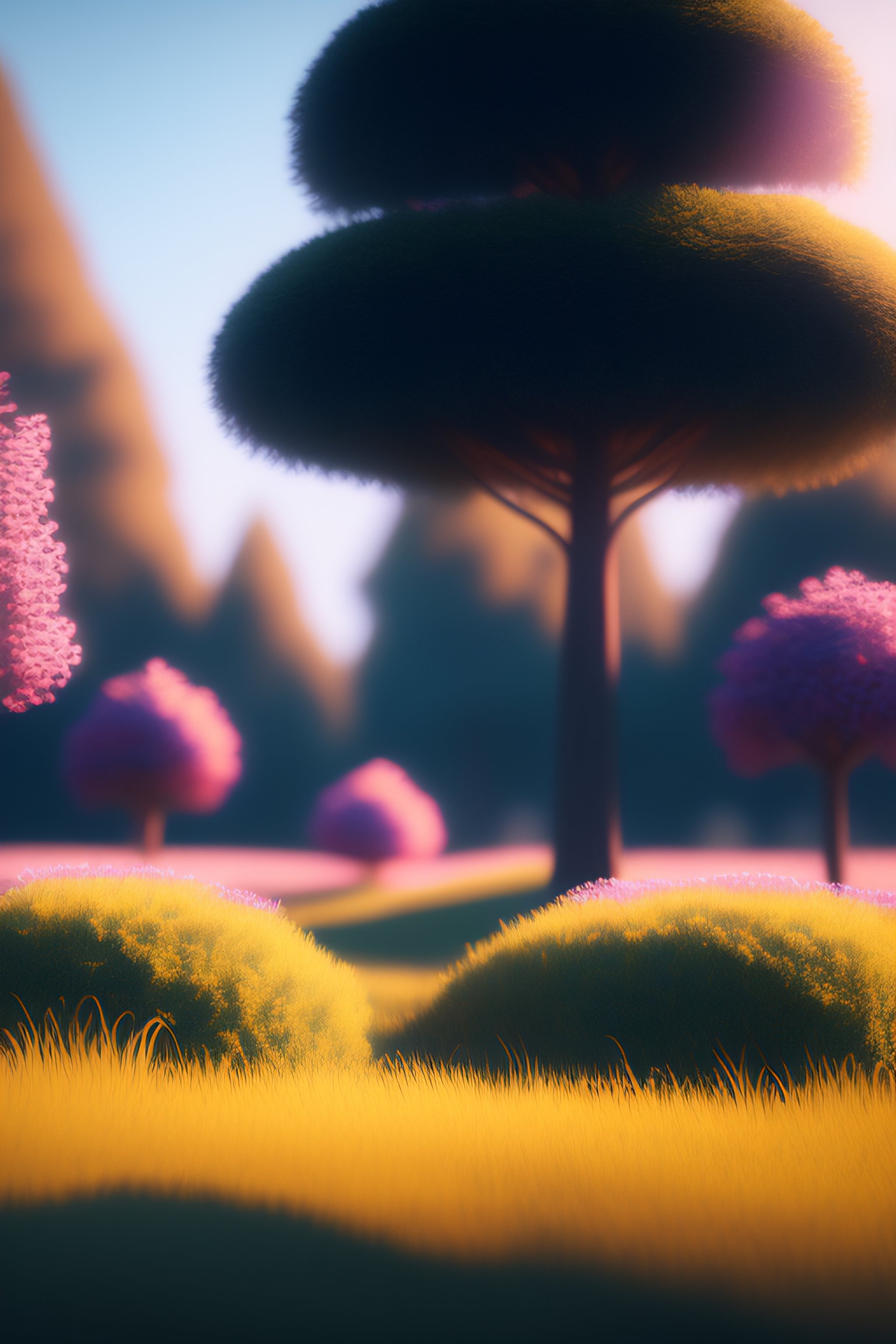 Lexica - Furry trees in a flowery meadow, 4K octane render, volumetric ...
