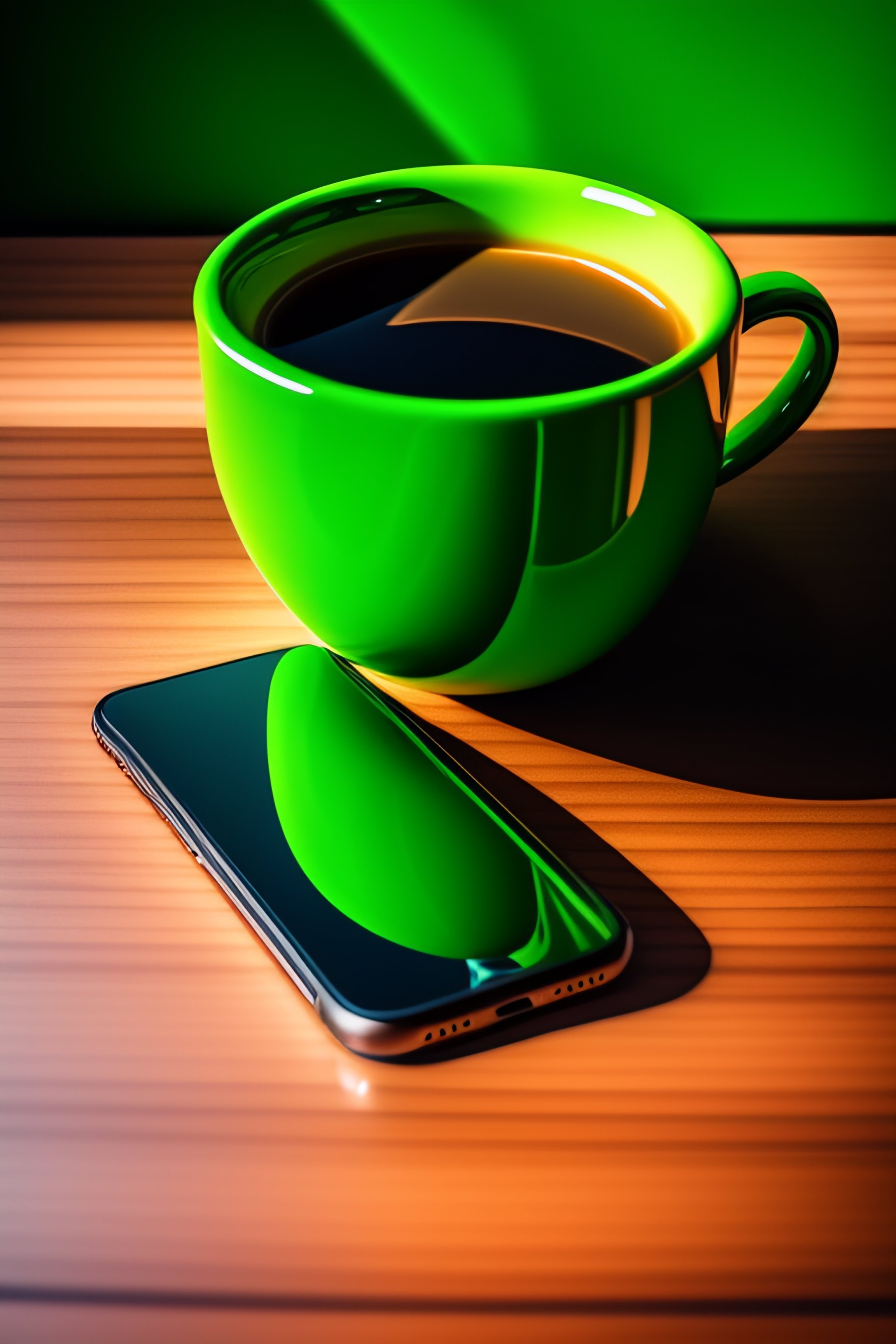 Lexica - Portrait a coffee mug and a green iphone on a table