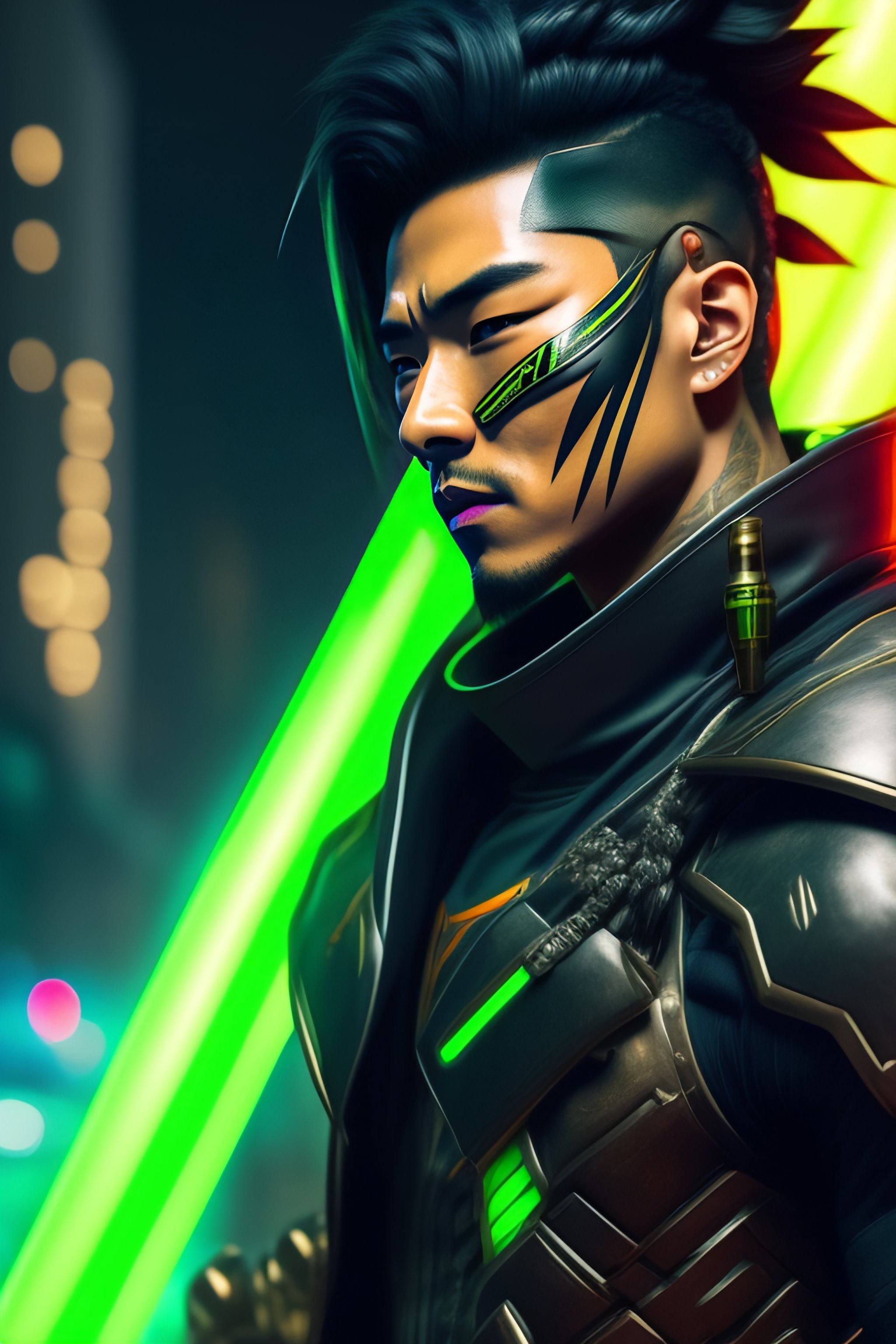 Lexica - Cyberpunk genji shimada with blade from overwatch in night city
