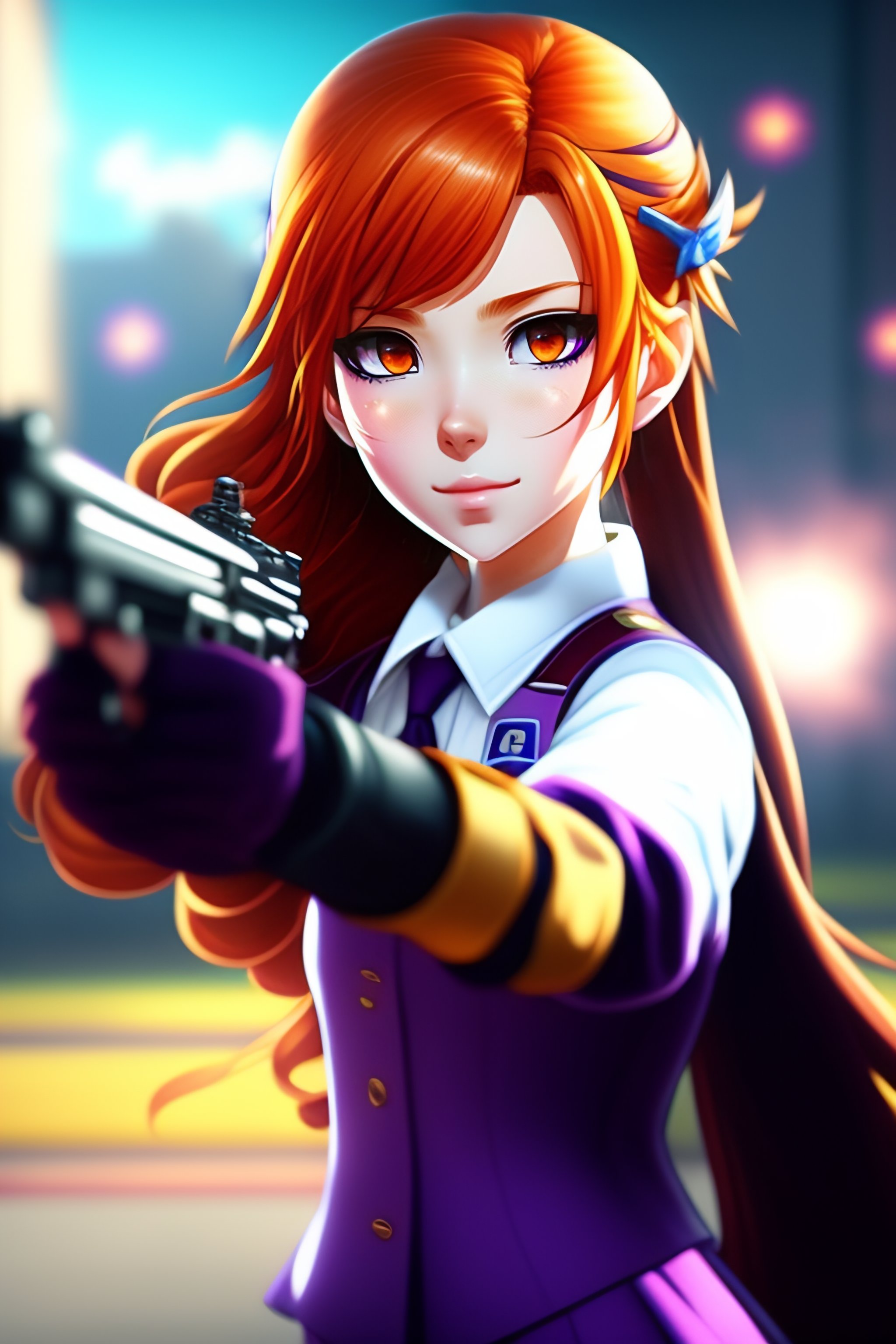 Lexica - Anime style girl with ginger hair, purple eyes - in a ponytail ...