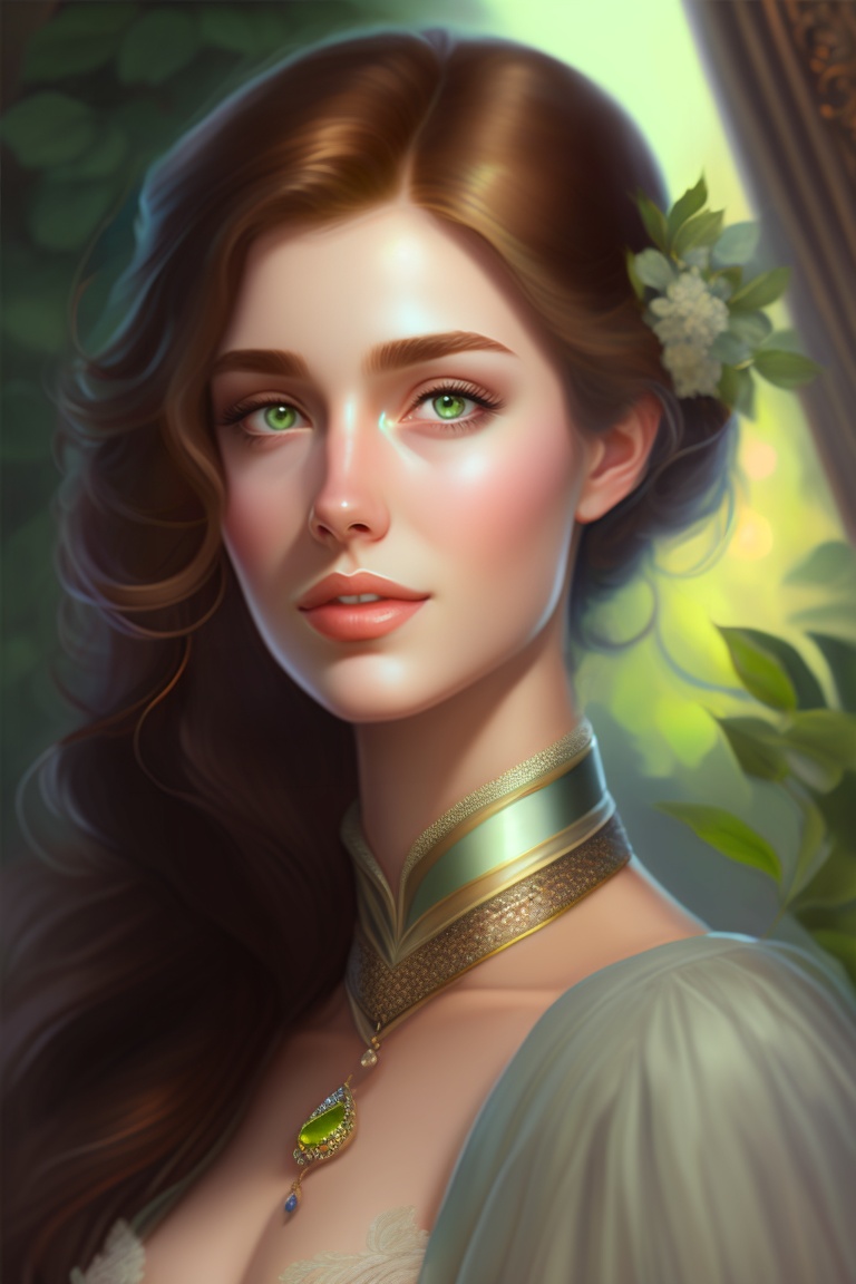 Lexica - Brown hair delicate woman, greenish gray eyes, dainty wearing ...