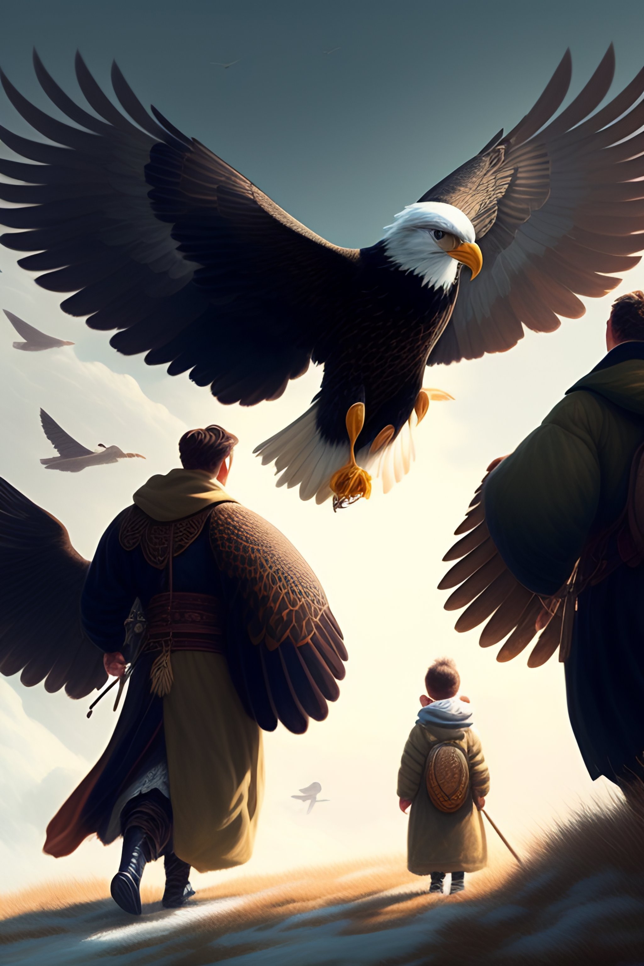 Lexica - A kid getting dragged into the air by a group of eagles, fantasy, intricate, elegant ...