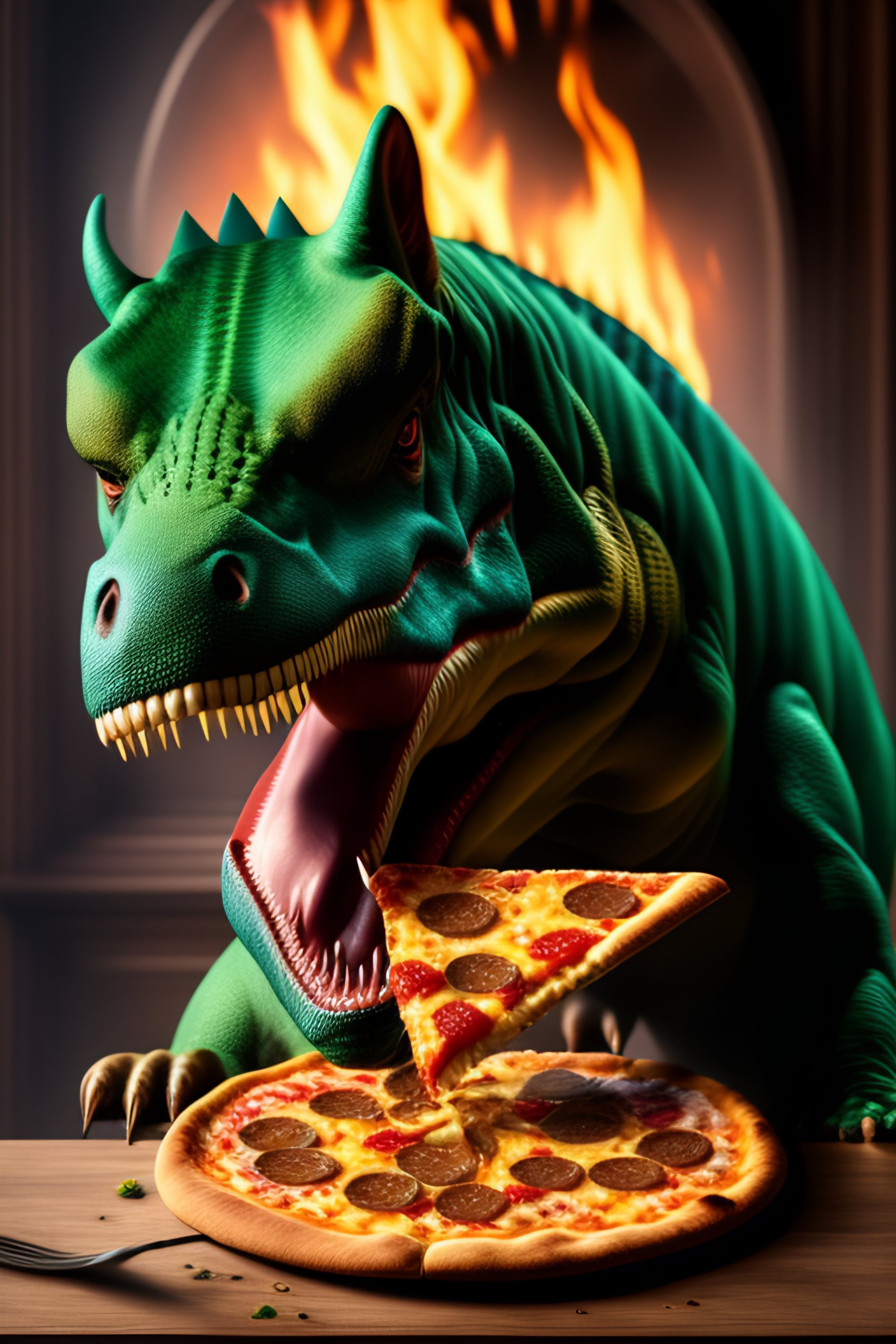 Lexica - Dinosaur eating pizza