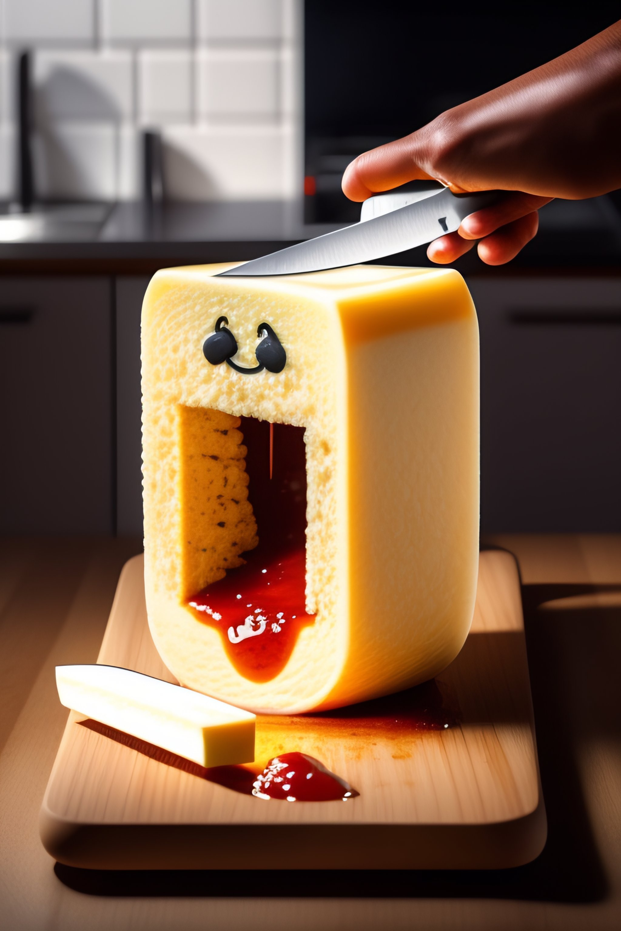 Lexica - A giant block of tofu with smily face being sliced by a ...
