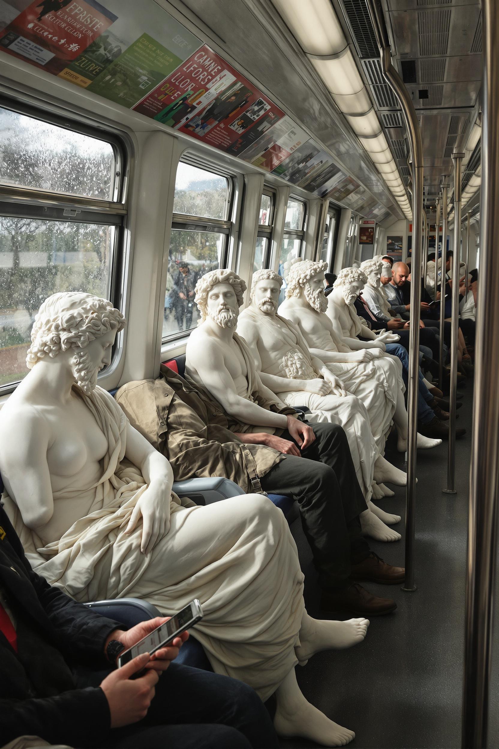Lexica - Greek marble statues sitting in a very crowded subway train ...