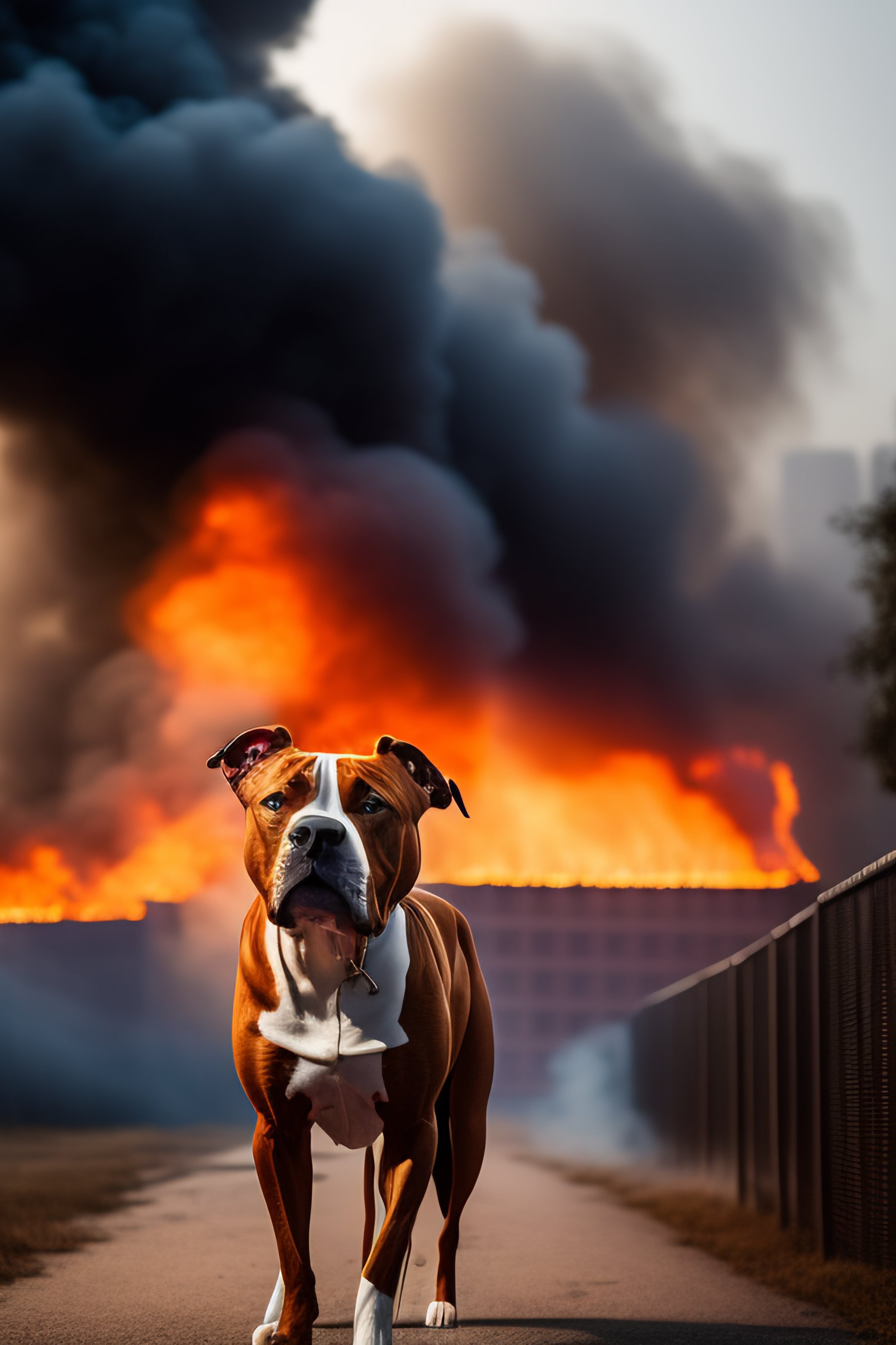 Lexica - A muscular pit bull standing in an ally with buildings on ...