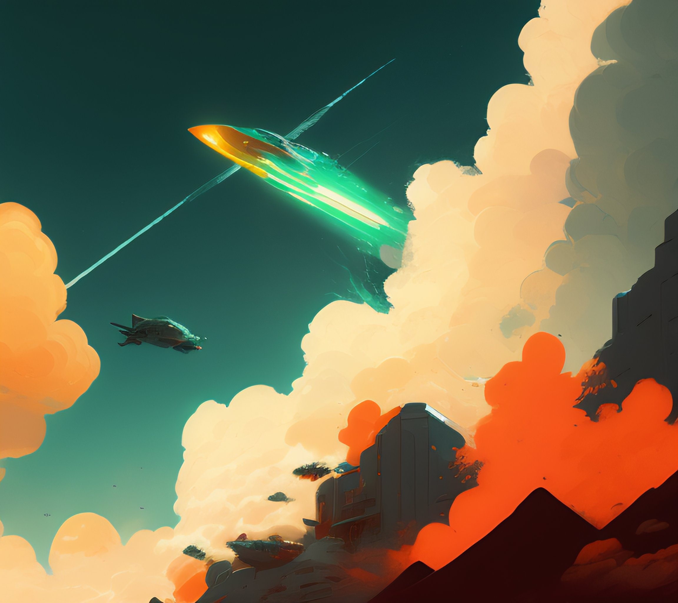 Lexica - Rocket flying through the clouds, style of laurie greasley ...