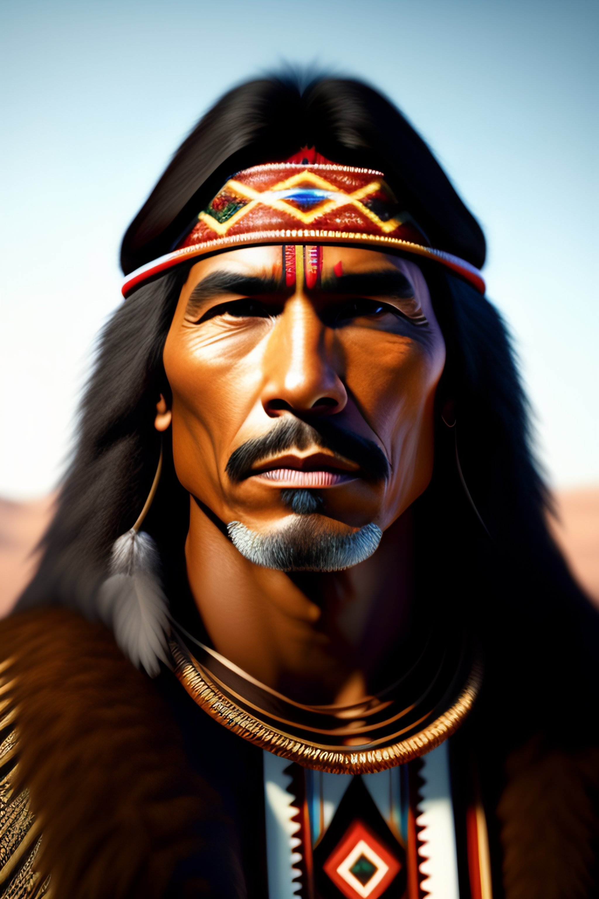 Lexica - Native american man portrait in 3d digital art with tents area ...