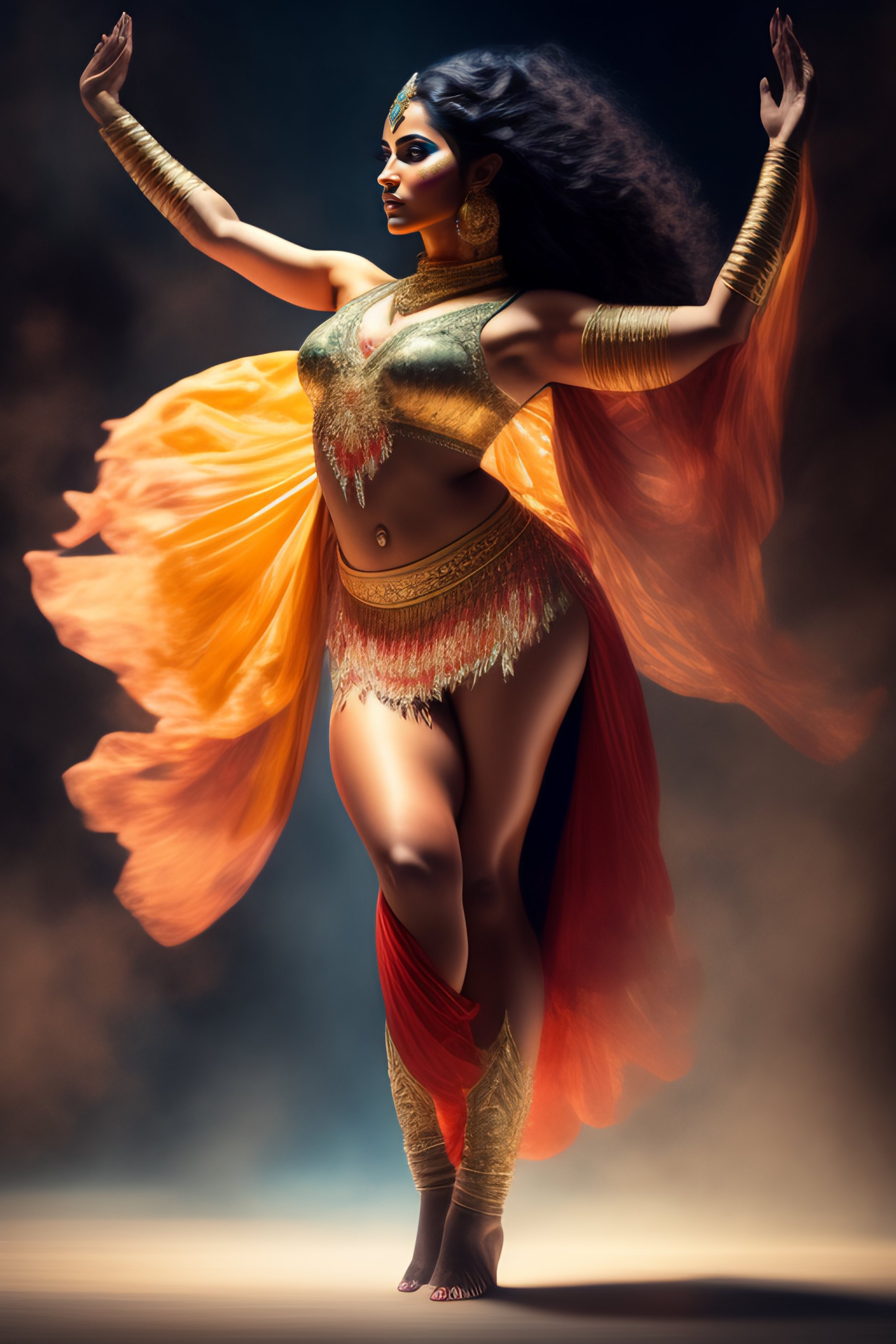 Lexica - Full body portrait of a beautiful middle-eastern dancer, silk revealing clothing, arms ...