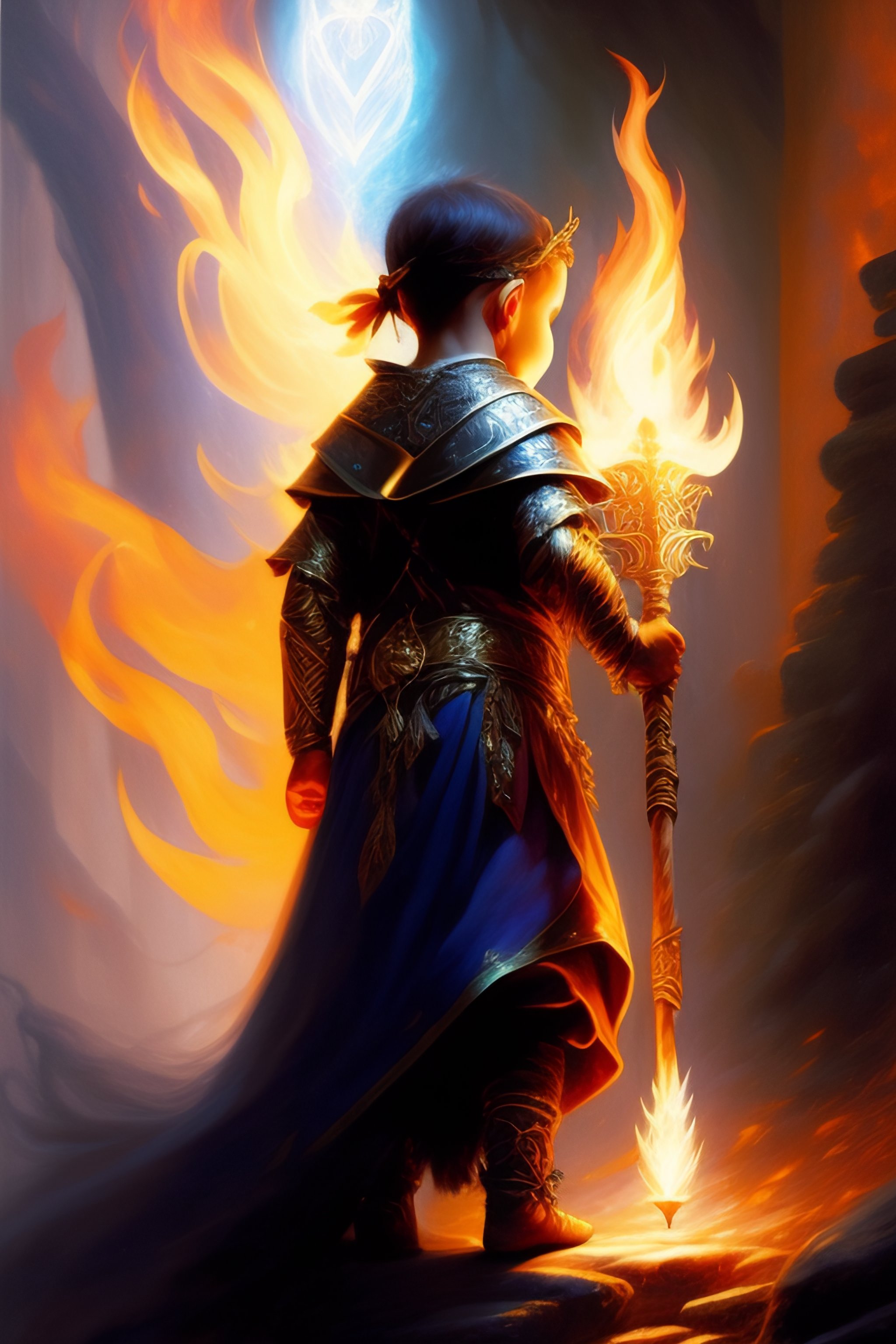 Lexica - Scene of a back view of a child mage wearing a hooded tunic ...