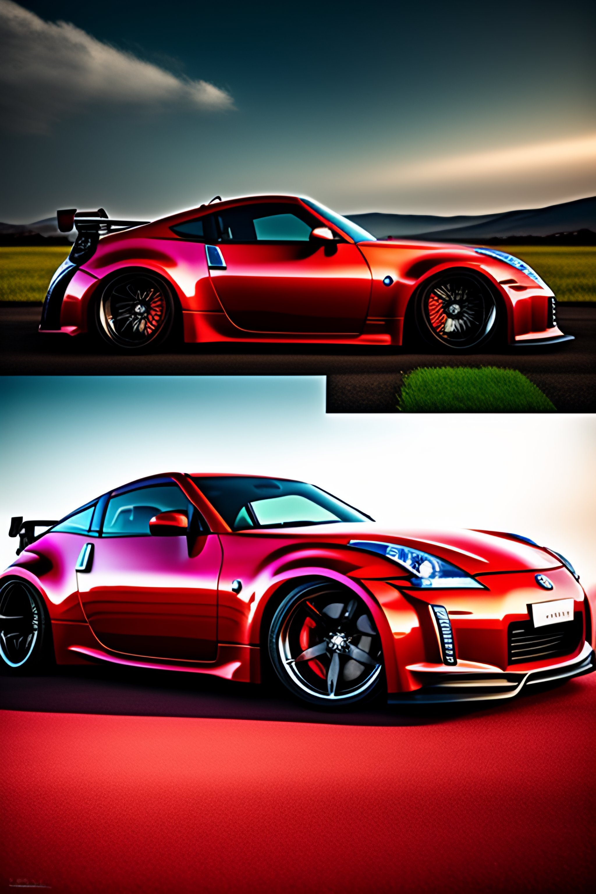 Lexica - Photo of red nissan 350z, black wheels bbs, highly detailed ...