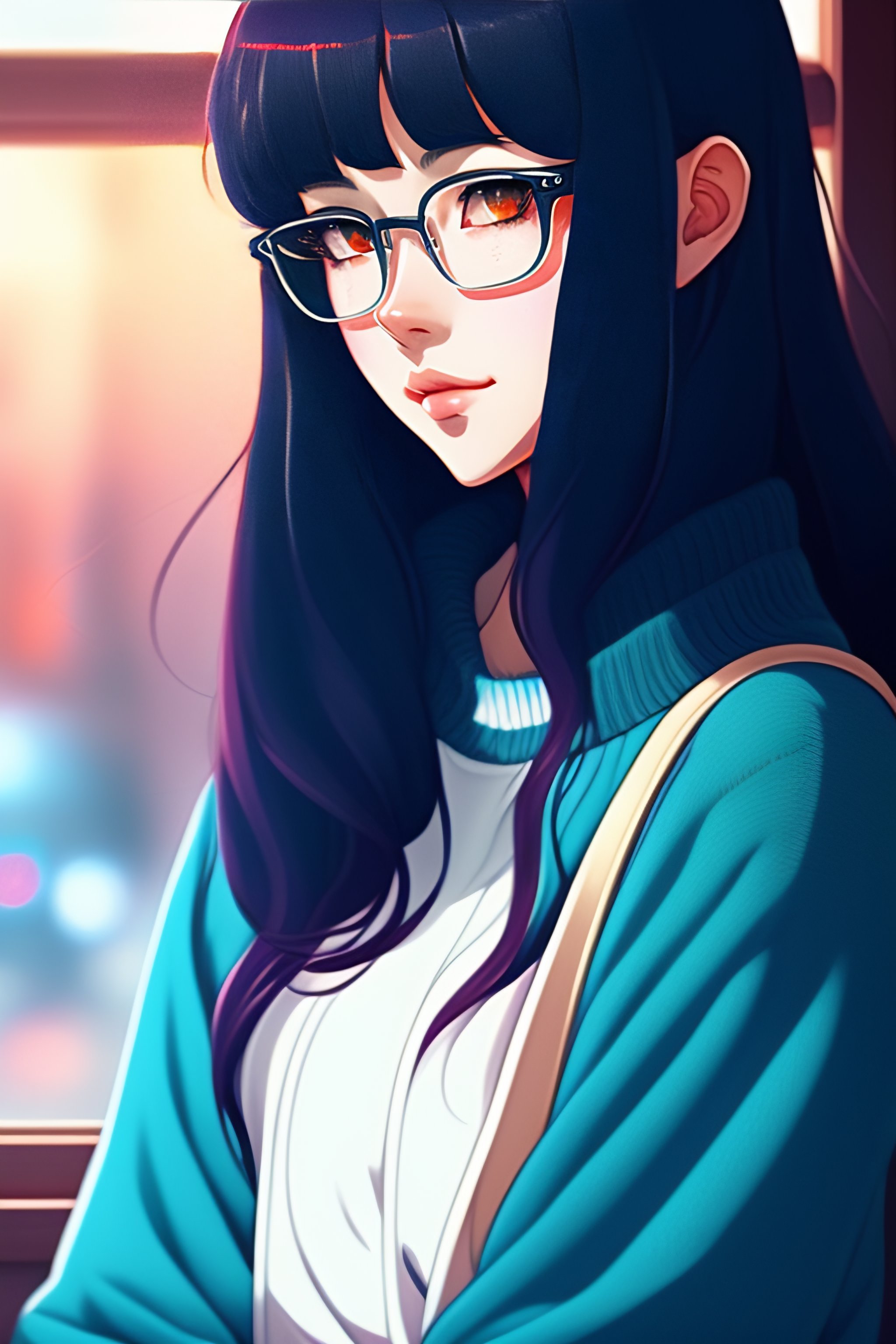 Lexica Cute Girl In Blue Sweater Black Hair Semi Rimless Red Glasses Sitting Inside Home