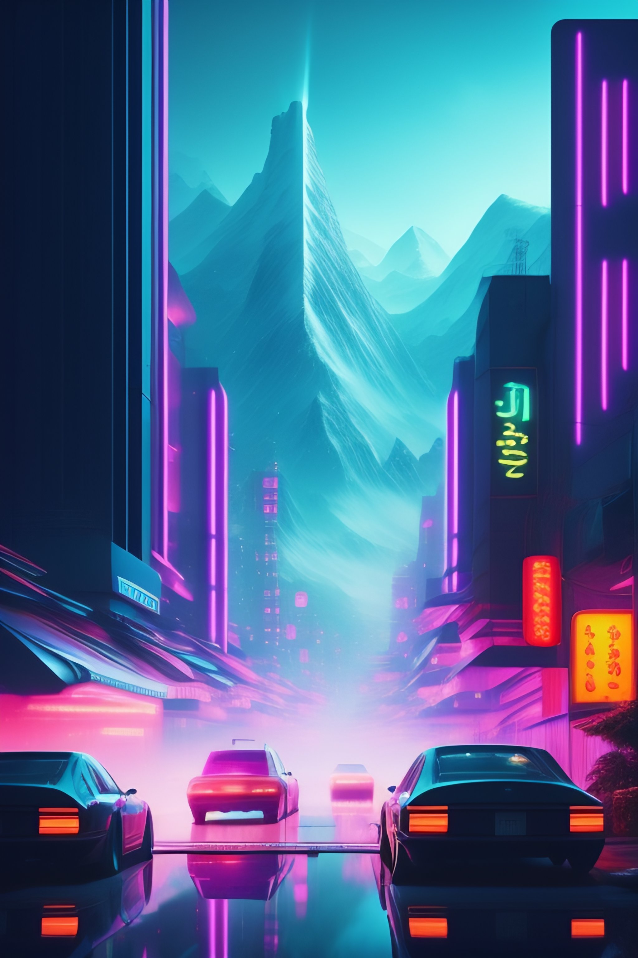 Lexica - Neo Tokyo neon city, snow capped mountains in background, mist ...