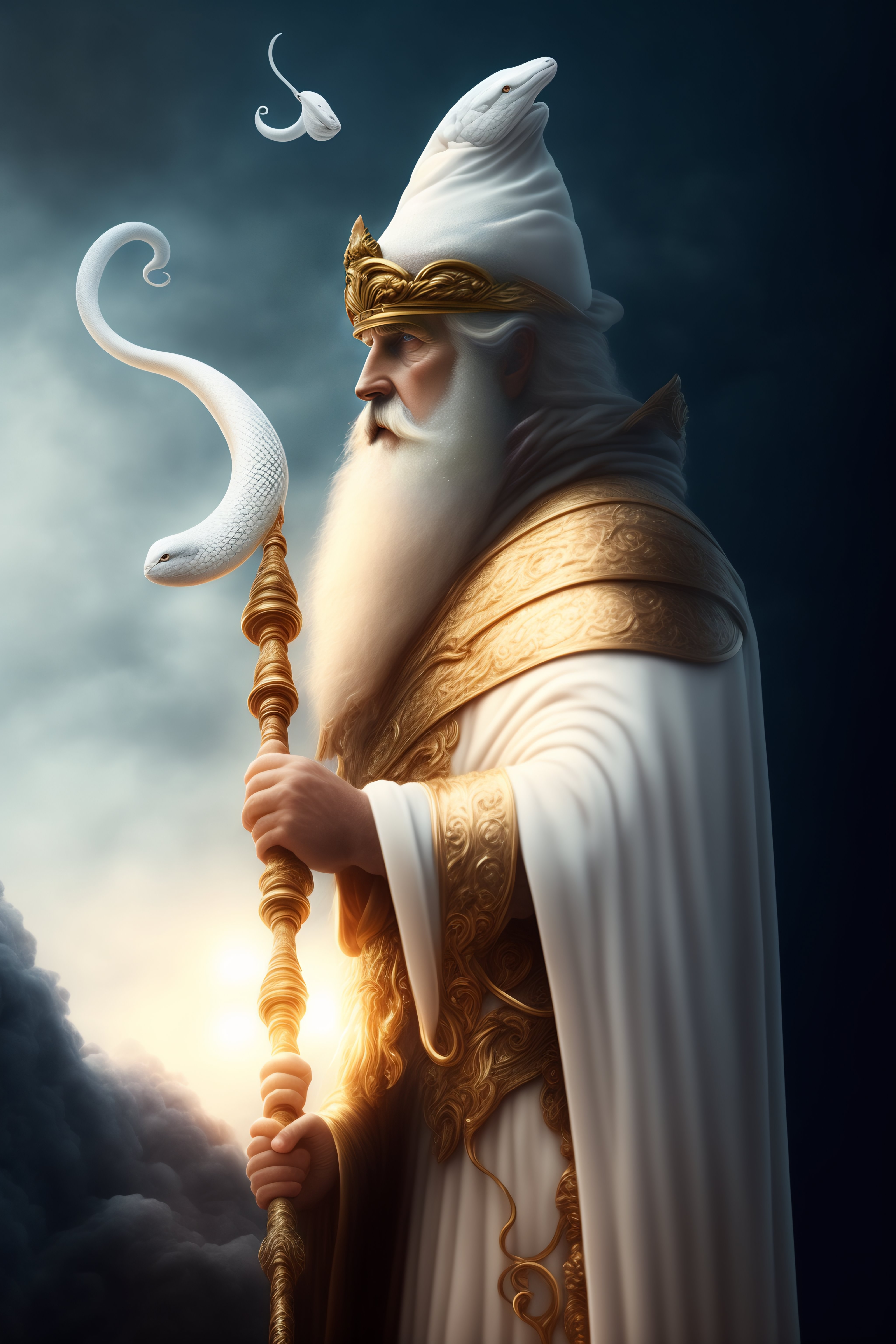 Lexica - One white Greek wizard in dark robe hold a staff that has a ...