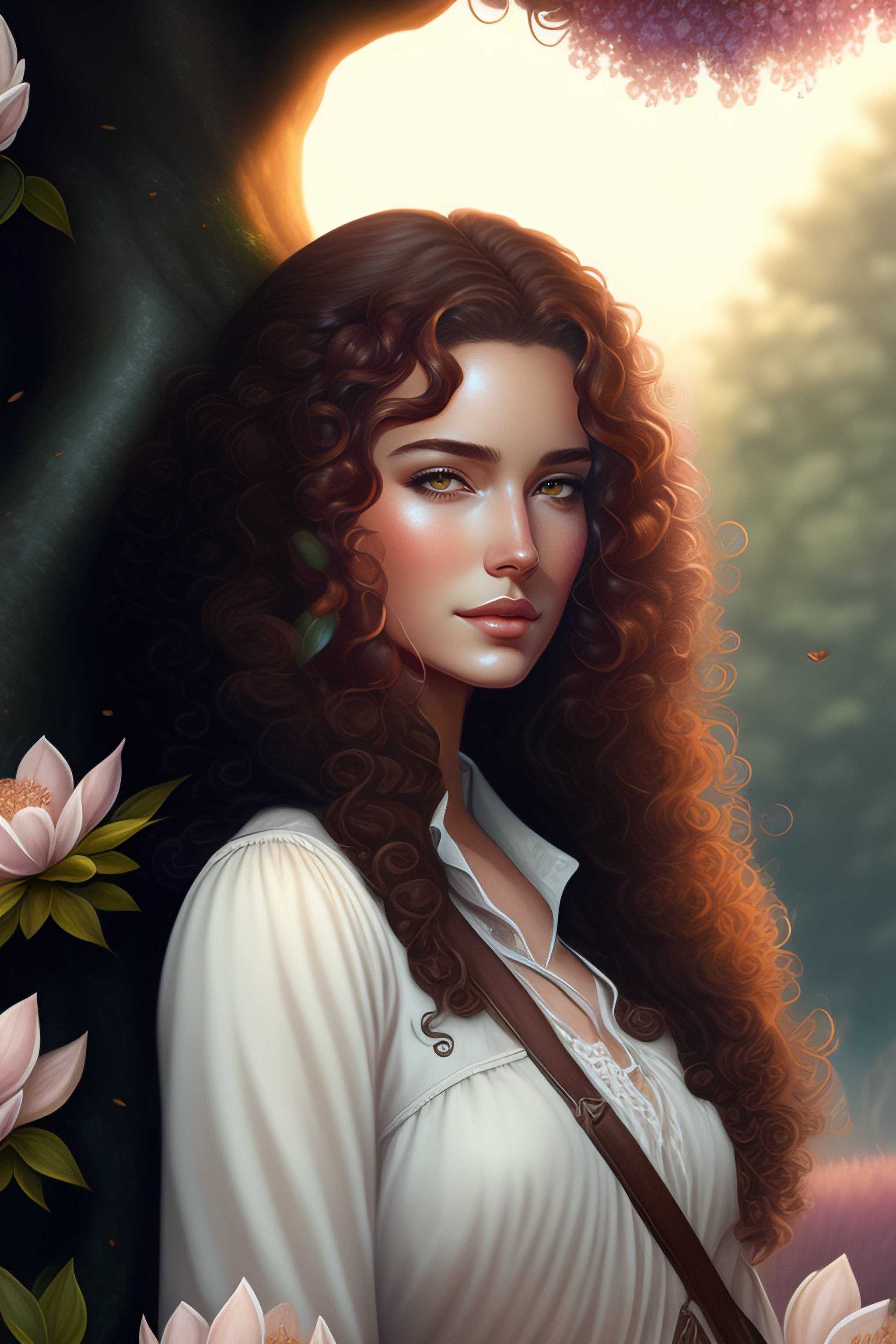 Lexica - Curly-haired girl with brown hair stands near a magnolia tree ...