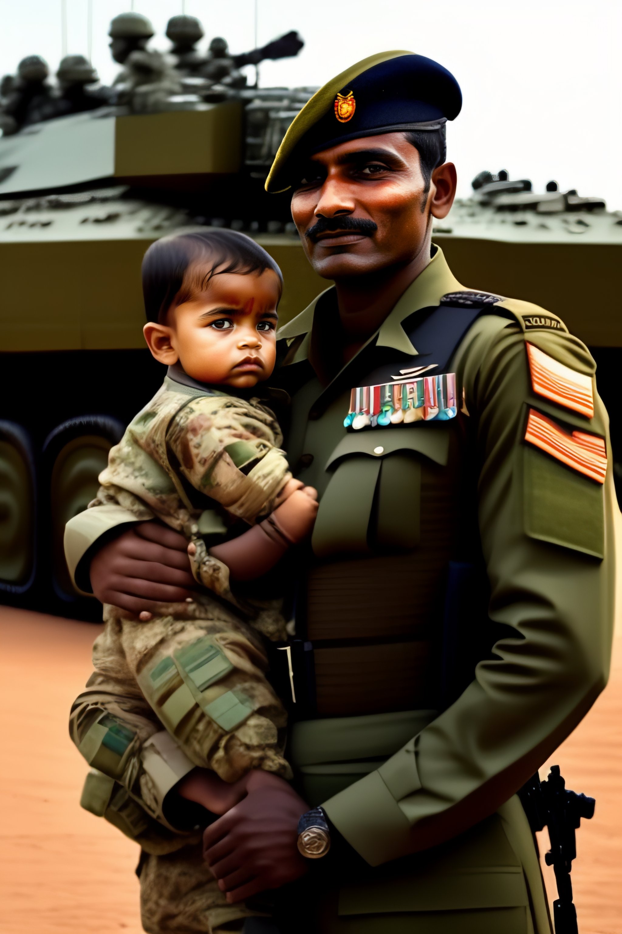 Lexica - Portrait of indian soldier hugging three-year-old son, wife of ...
