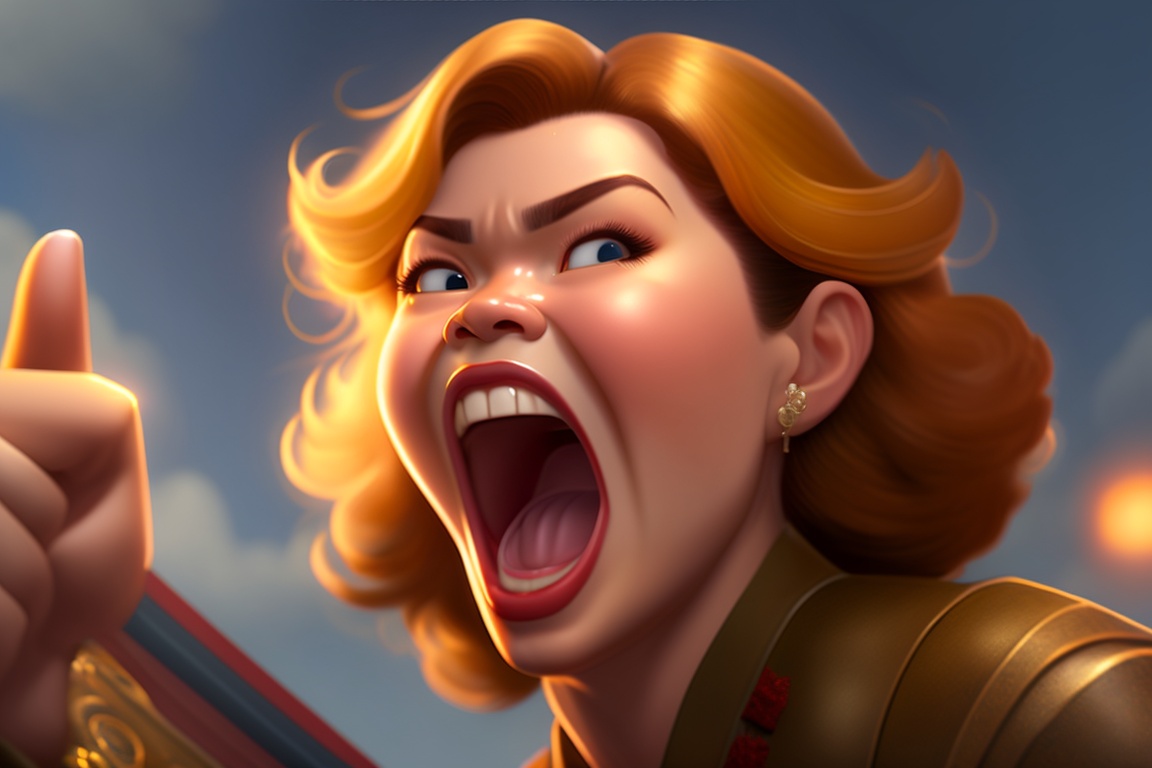 Lexica - A close-up shot of an enraged Karen with her mouth wide open and pointing finger, ready ...