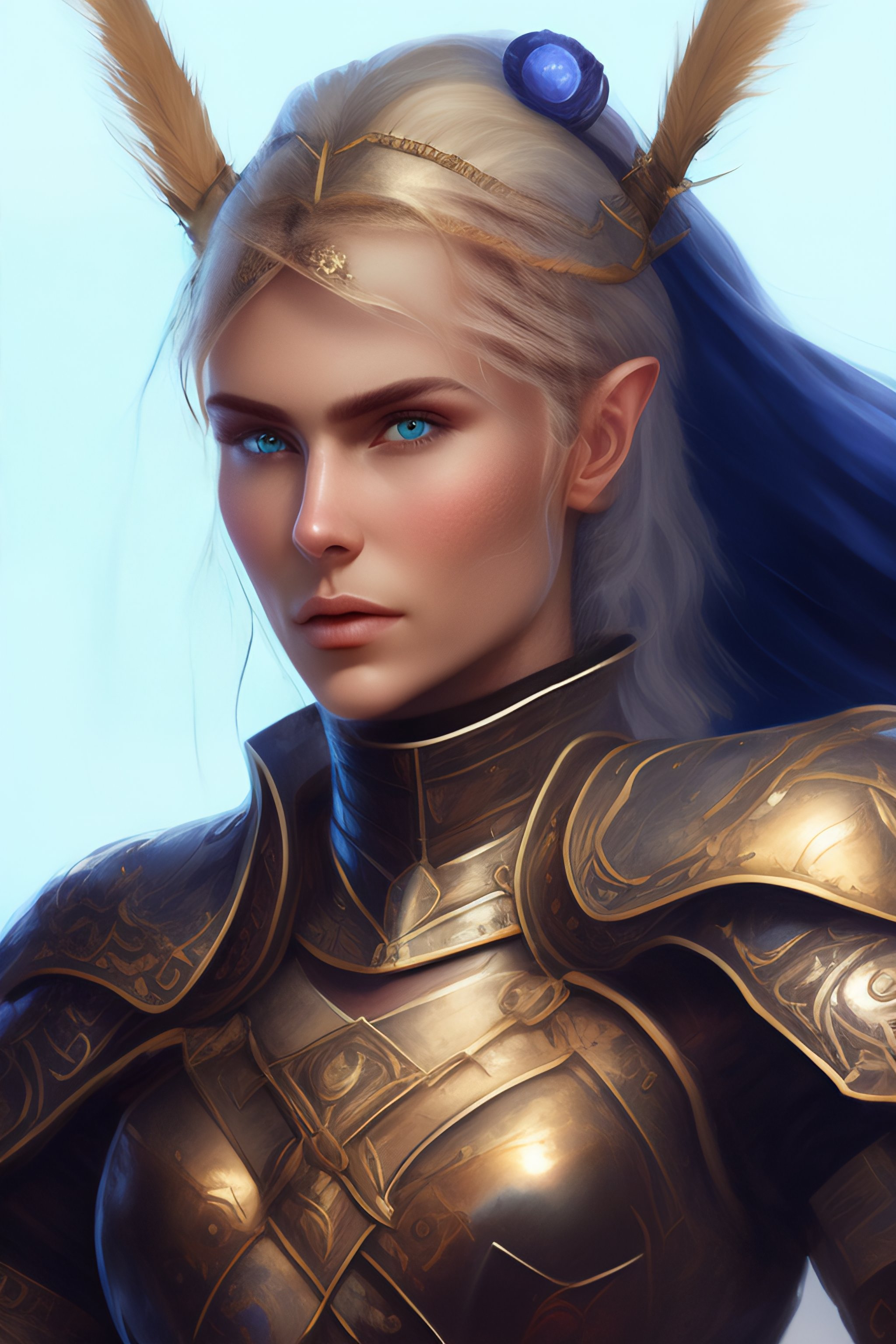 Lexica - Elf fighter, short blond hair, blue eyes, black full plate ...