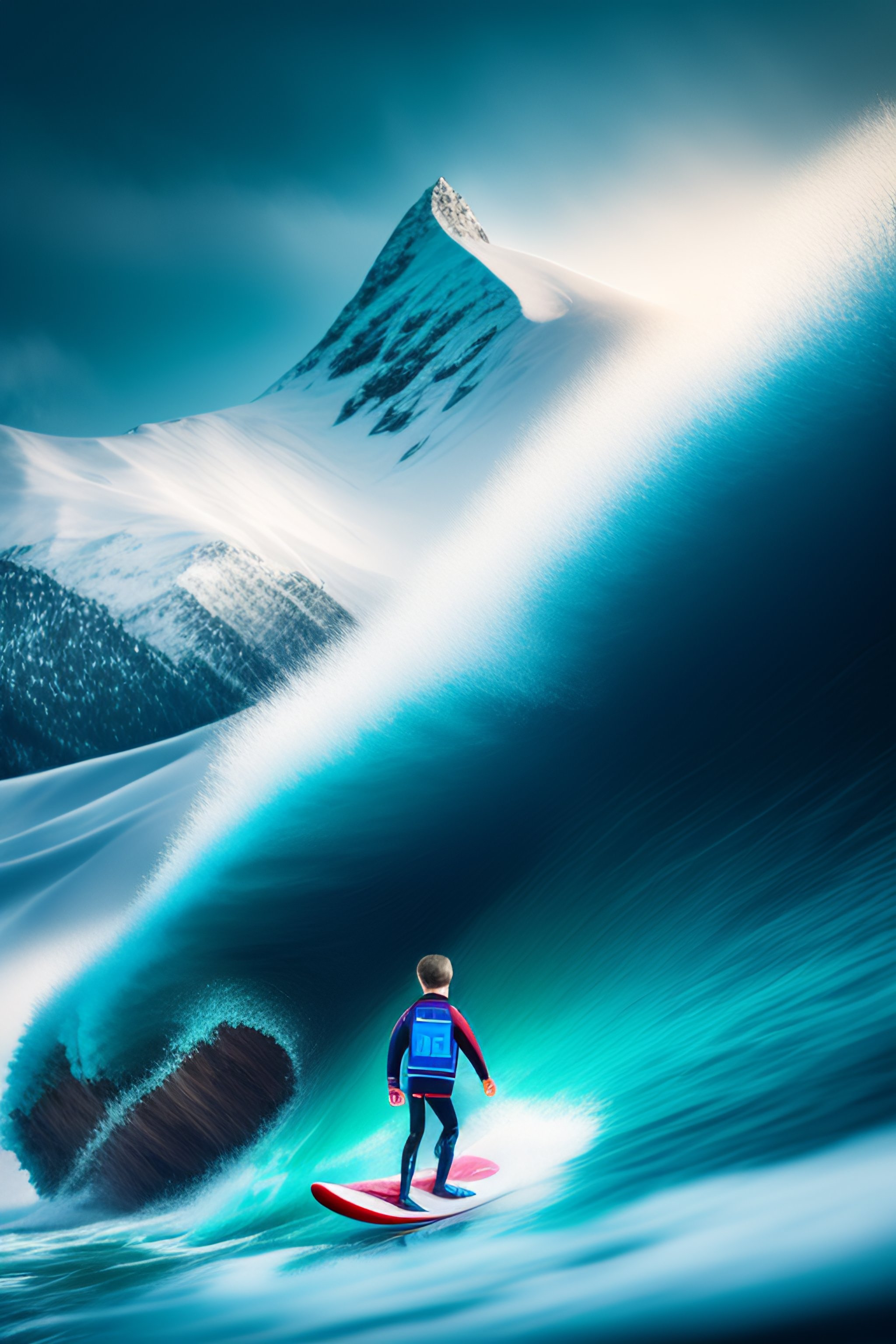 Lexica - A boy surfing with a sea surfboard down a snowy mountain ...