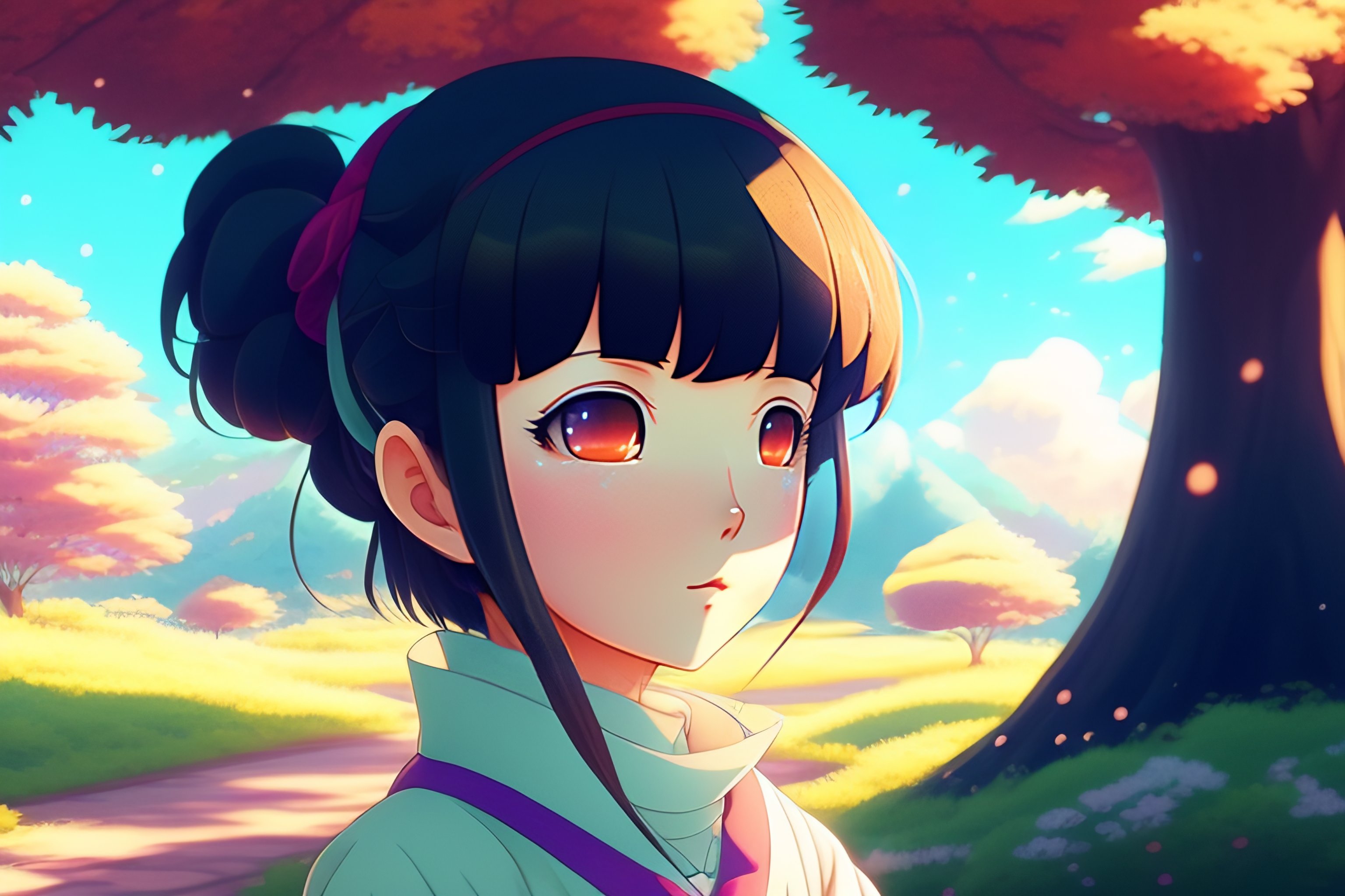 Lexica - Anime screenshot joyful school girl stay in nature trees in ...