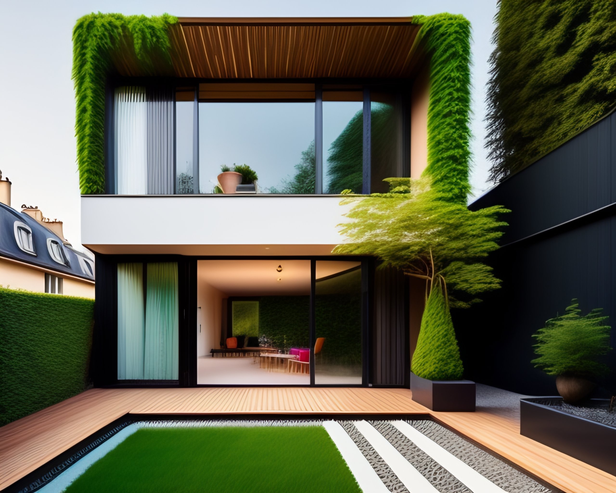 Lexica - Multicolor house with a big patio with vegetation, in Paris