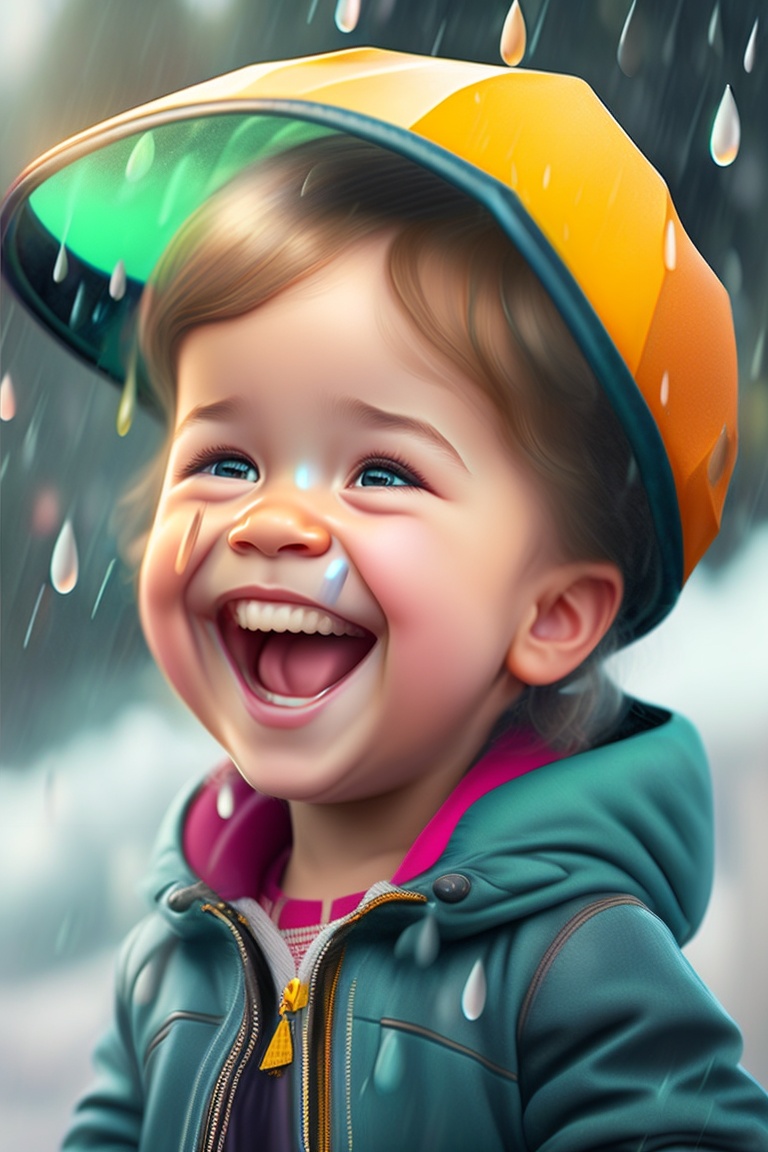 Lexica - Little girl laughing merrily in the rain, cartoon style