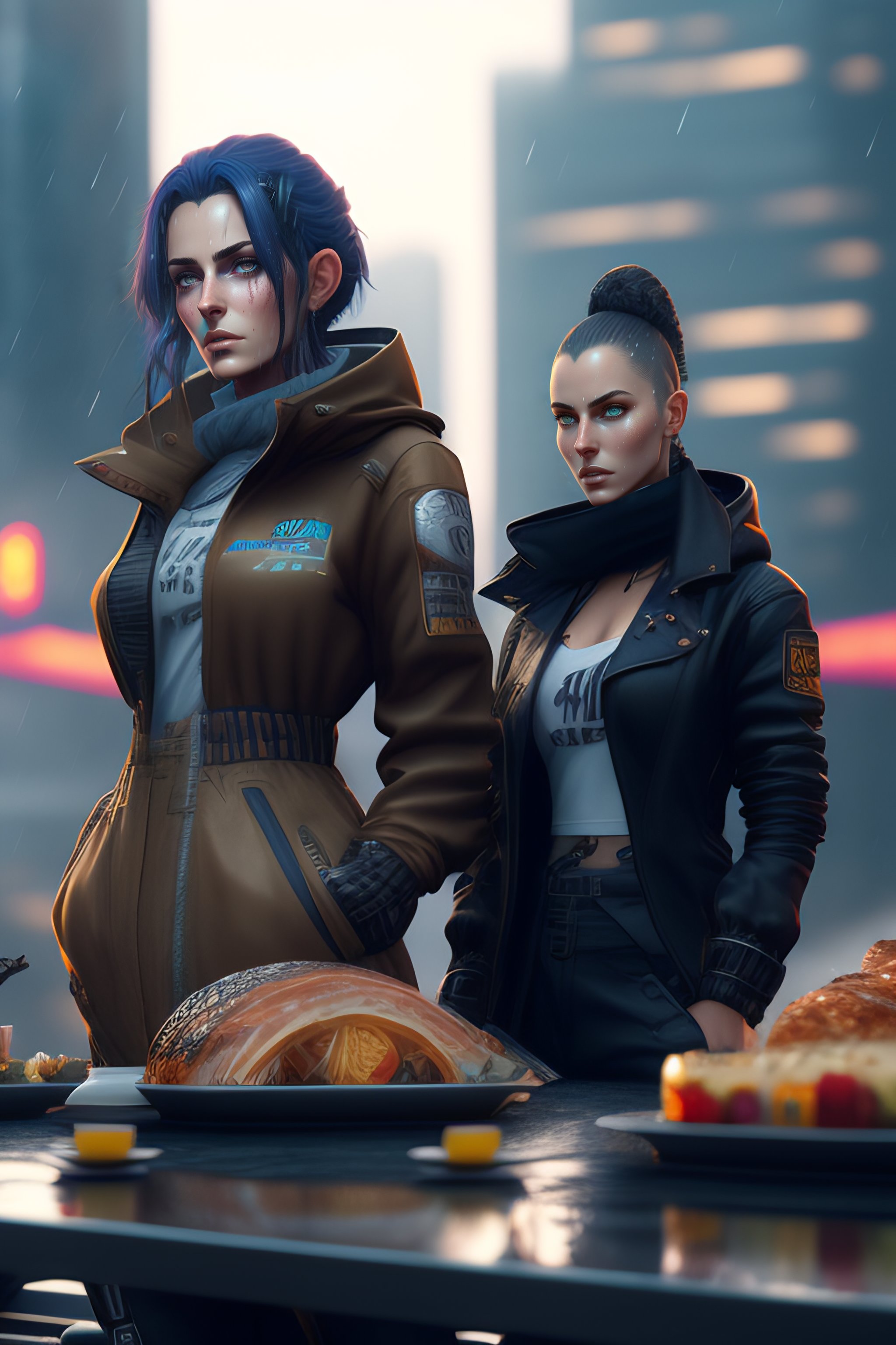 Lexica - A group of damaged cyberpunk cyborg eating boxes on a table ...