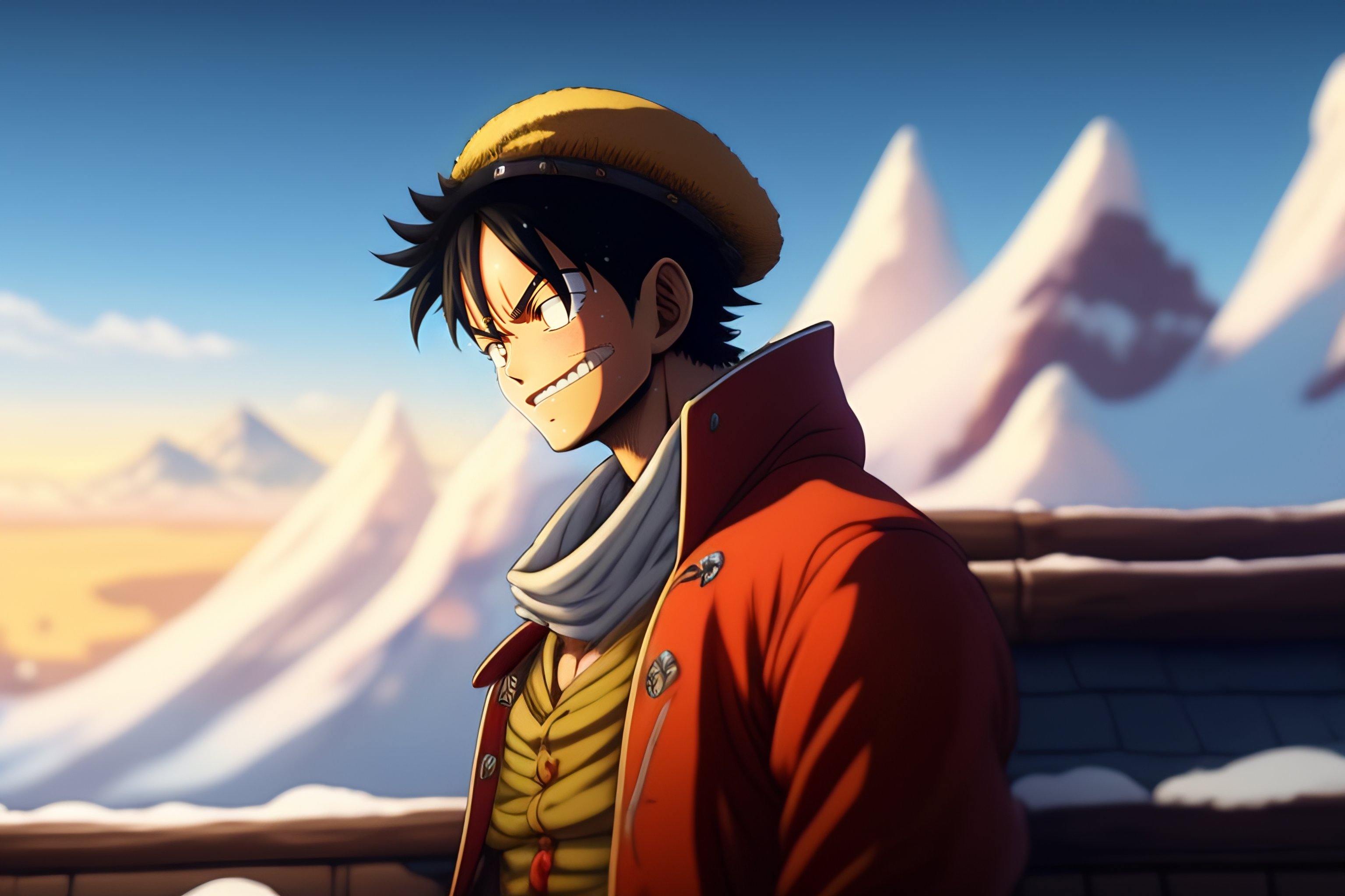 Lexica - Luffy from one piece sitting on a roof looking up to the sky ...