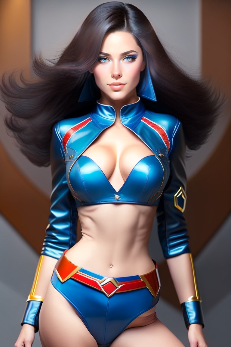 Lexica - Jeans Super Heroine, dark hair, blue jeans bodysuit, blue eyes, bare legs