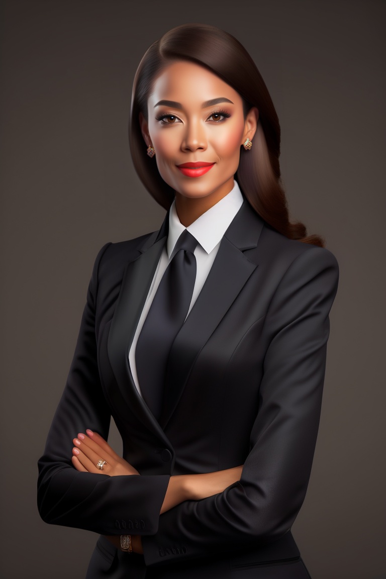 Lexica - A realistic portrait of a lady in suits with folded arms and ...