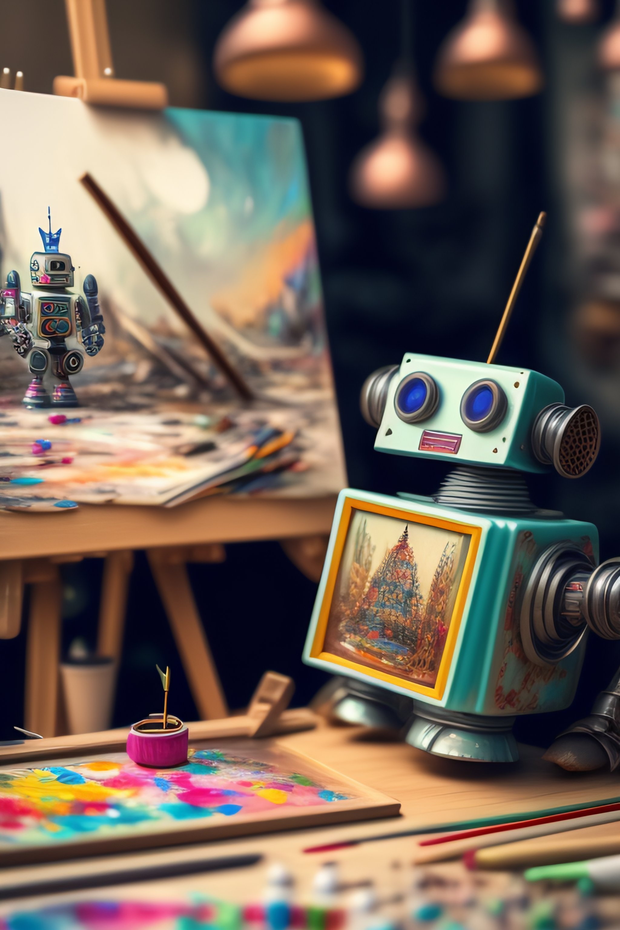 Lexica - A messy, chaotic artist's workshop, inside is a cute robot ...