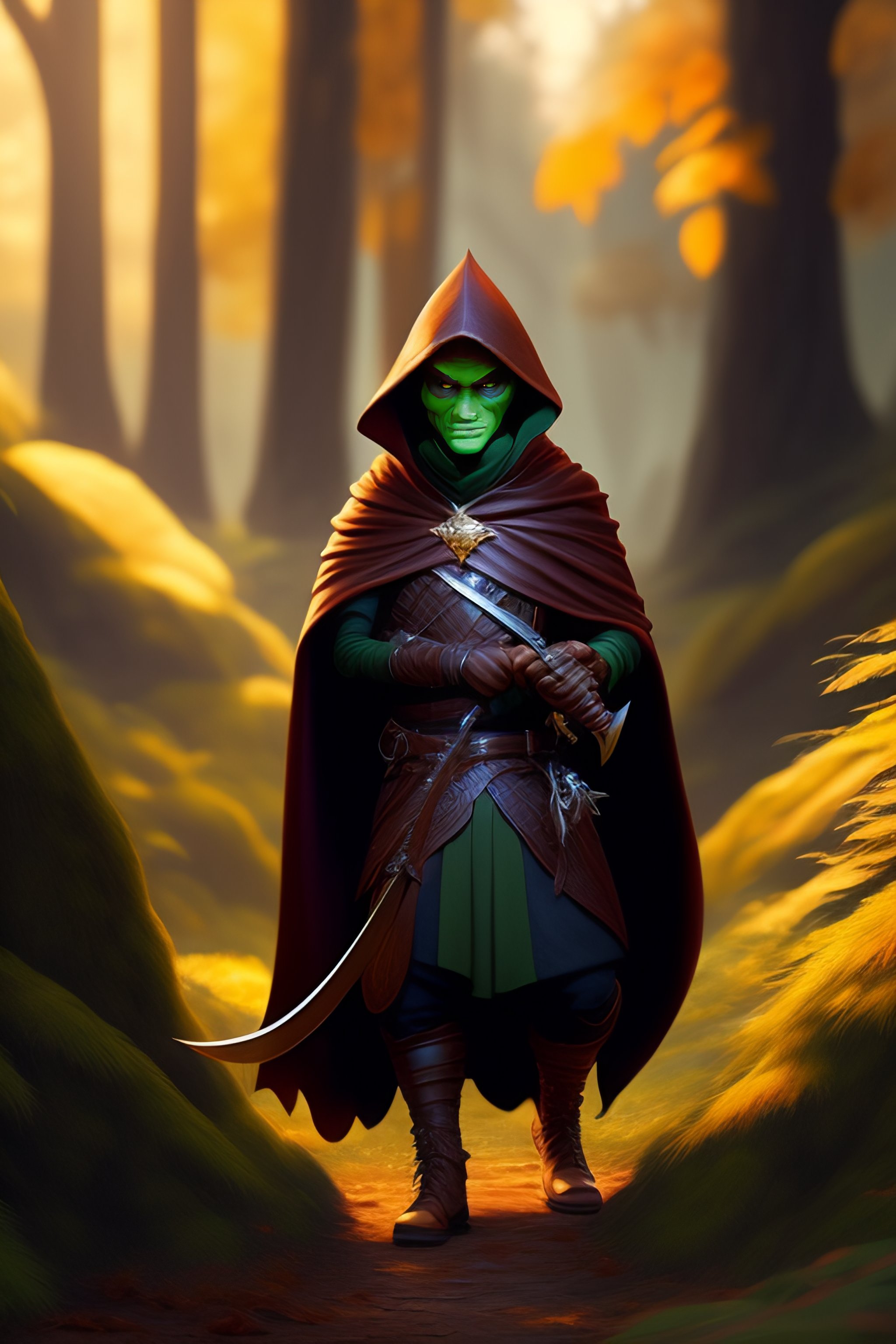 Lexica - Goblin holding sword wearing a brown cloak in a forest, unreal ...