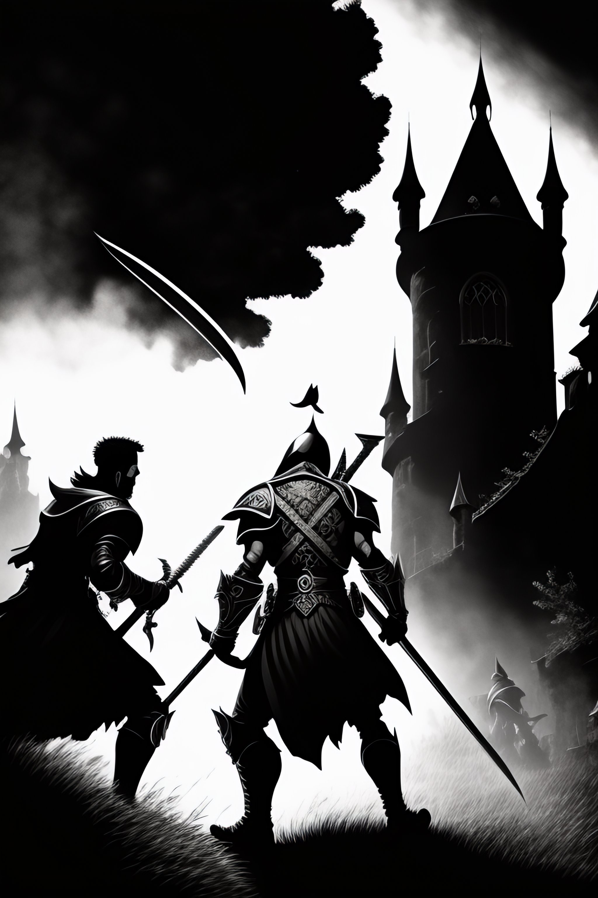 Lexica - Knights fighting zombies, black and white, illustration, line ...