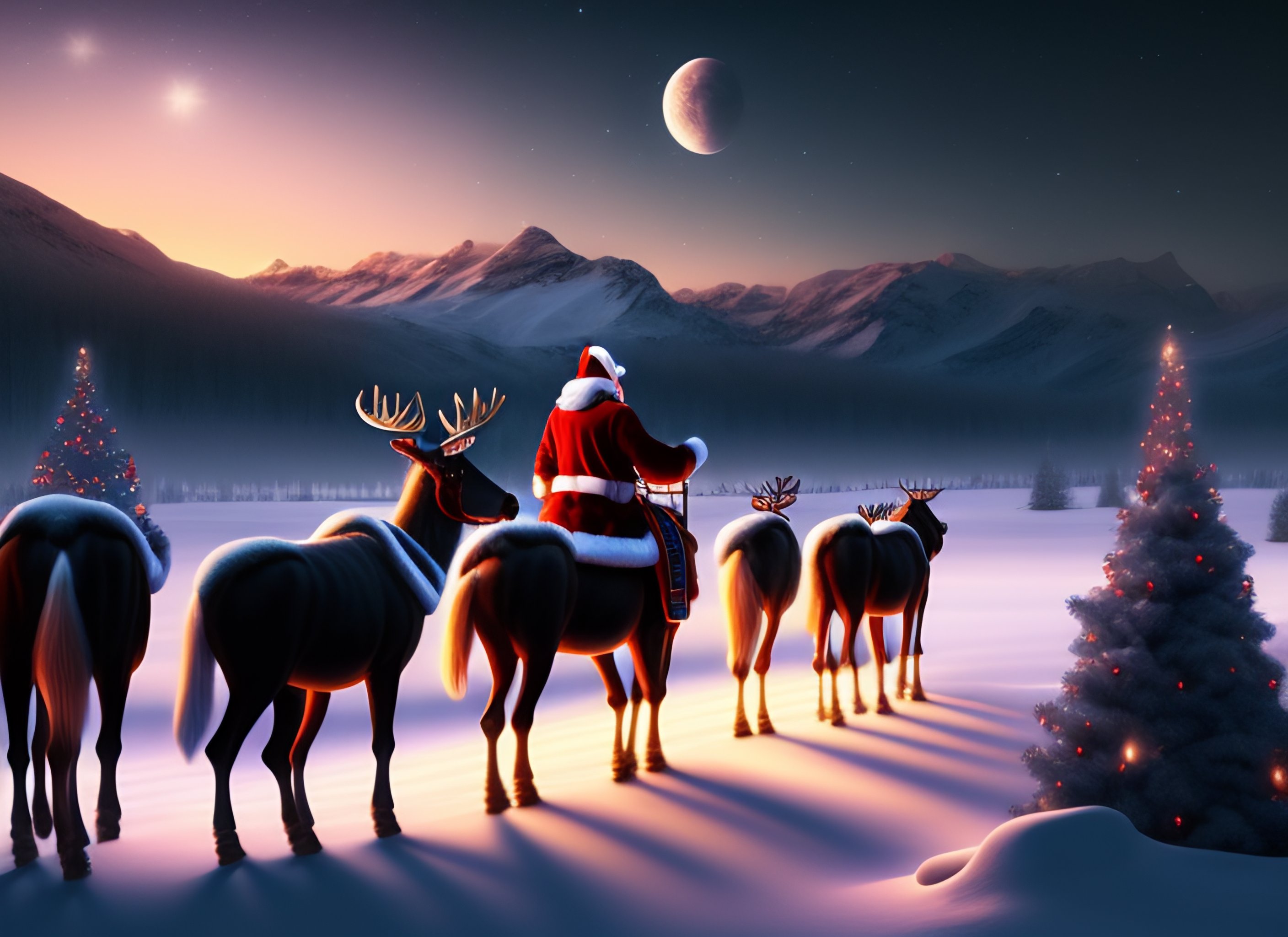 Lexica - Santa Claus with reindeers above night sky at christmas eve ...